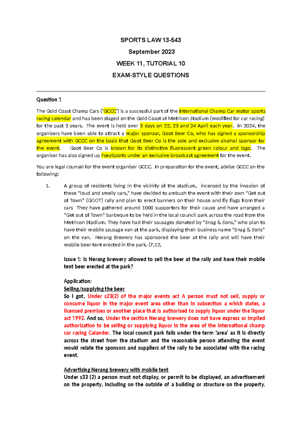 Week 11 tut - tutorial from week 11. - SPORTS LAW 13- September 2023 ...