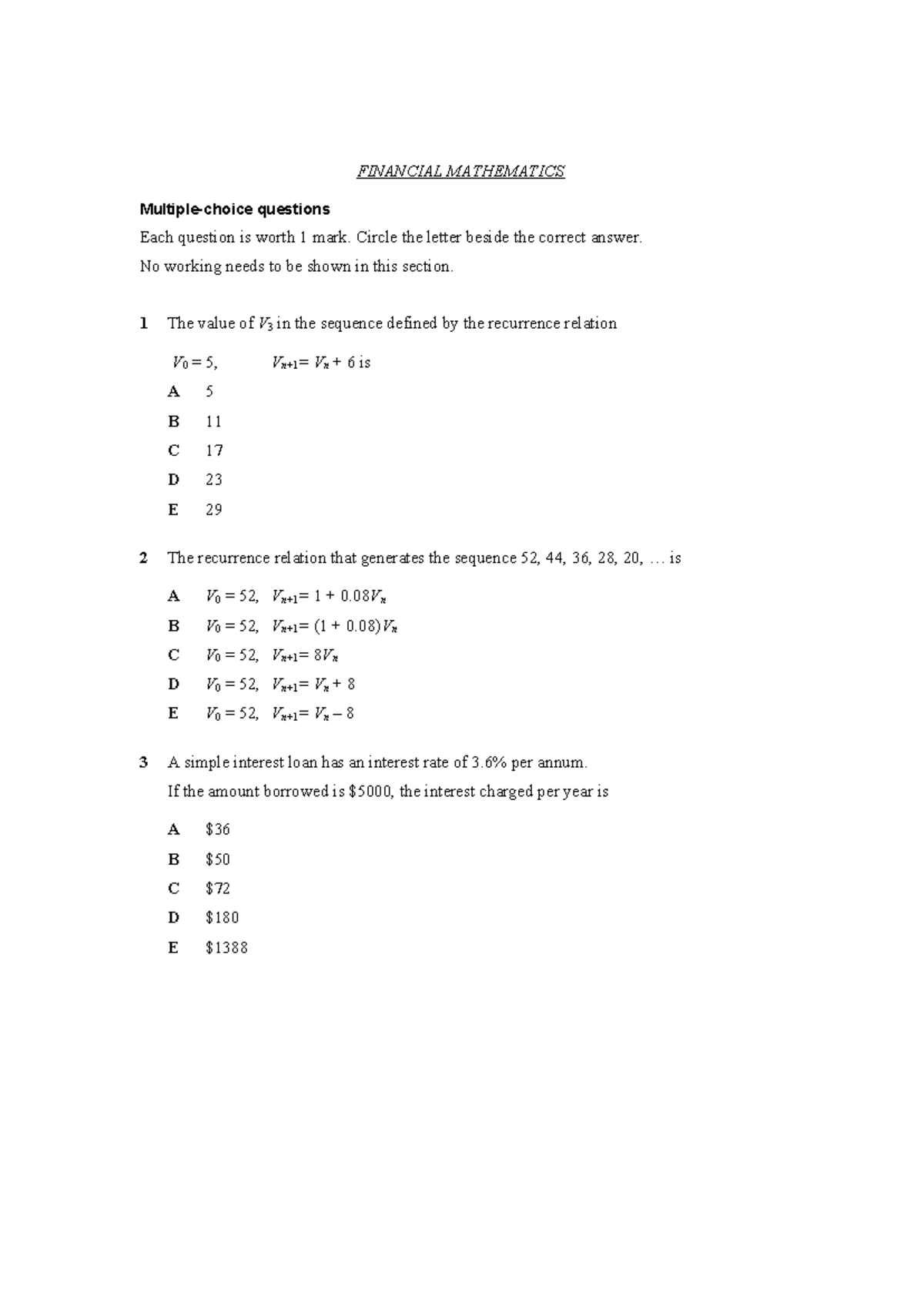 Financial Maths Practice Test: Multiple Choice Questions with Answers ...