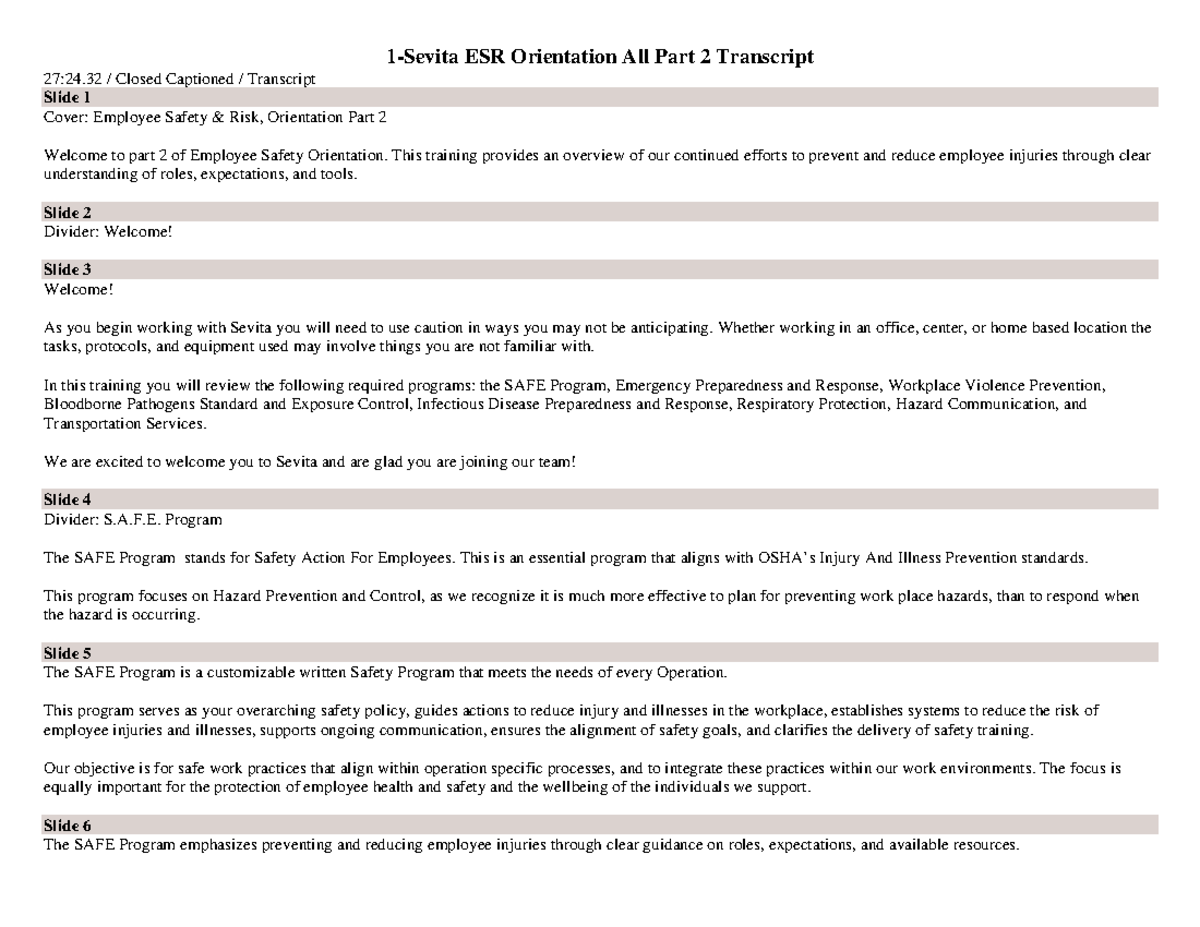 Sevita ESR Orientation Part 2: Employee Safety Training Transcript ...
