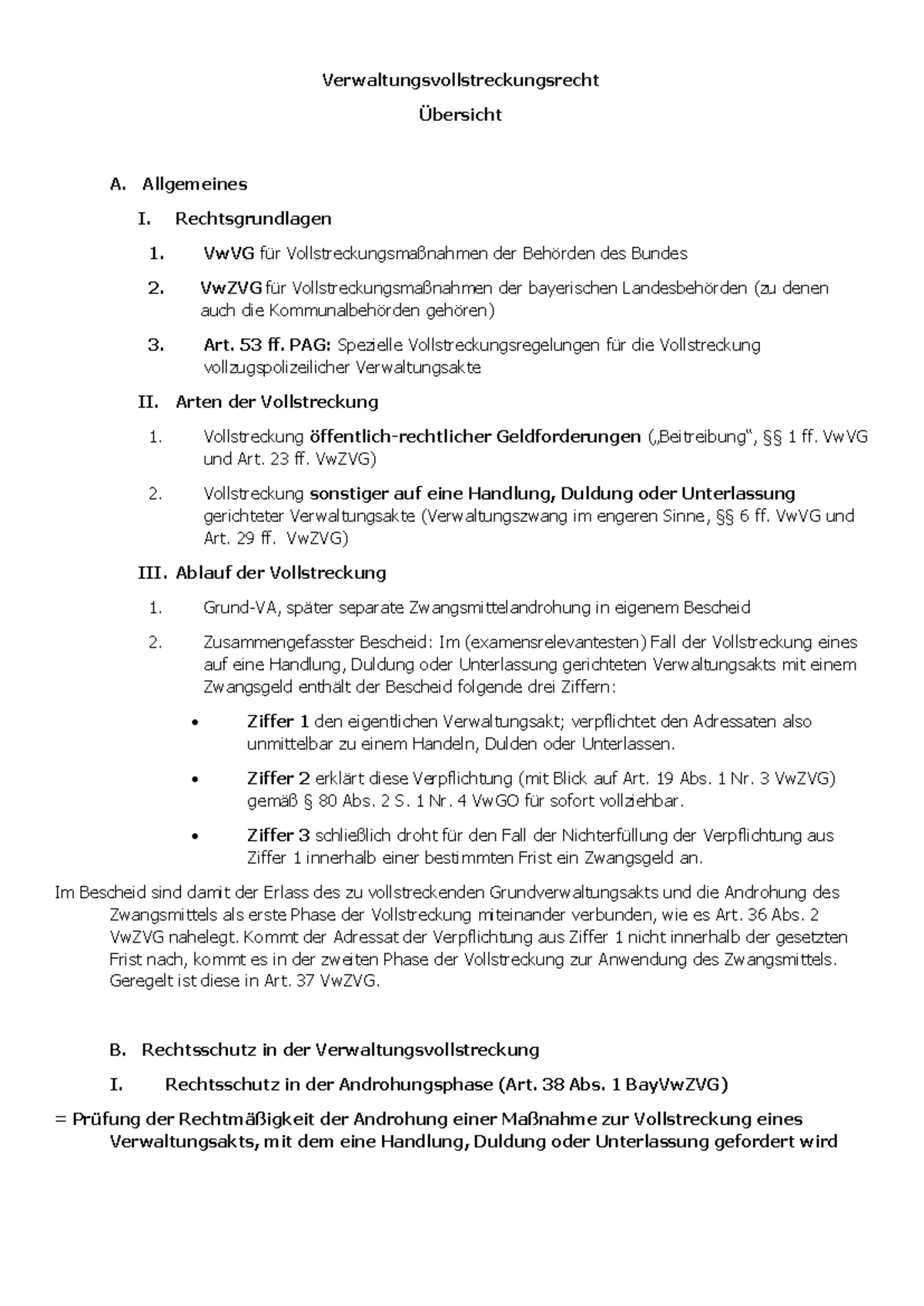 Verwaltungsvollstreckungsrecht: Übersicht und Grundlagen (VwVG) - Studocu
