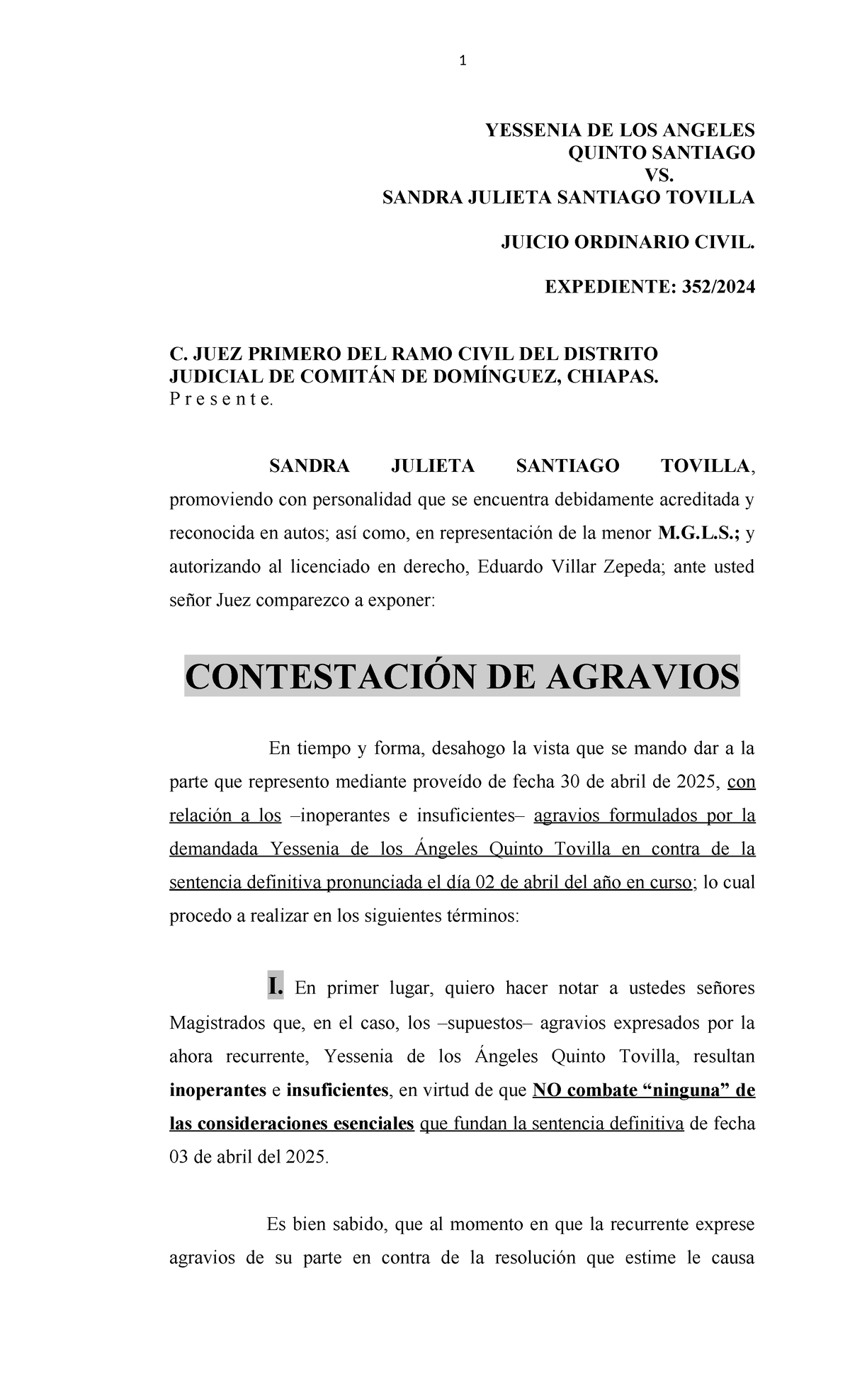 Contestación de Agravios en Juicio Ordinario Civil: C. Juez Primero del ...