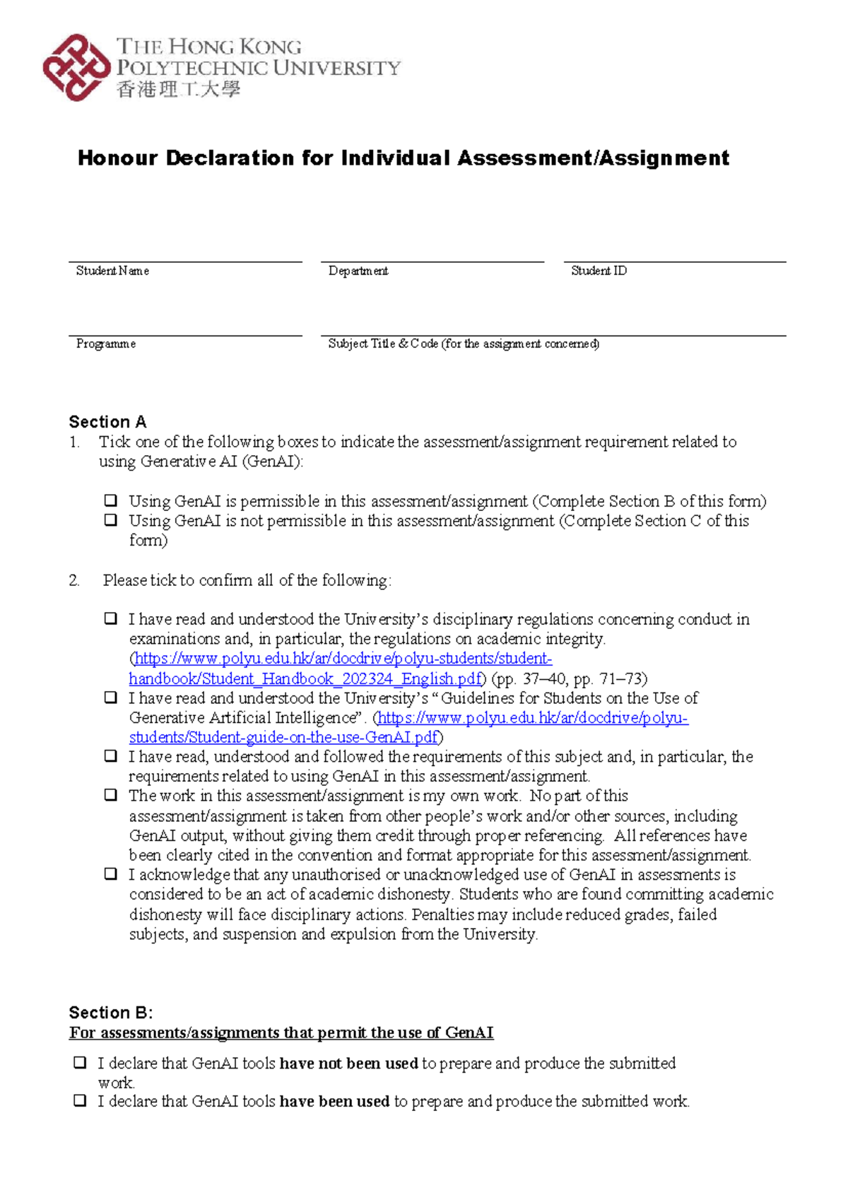 789461043 AI Declaration Form - Honour Declaration for Individual ...