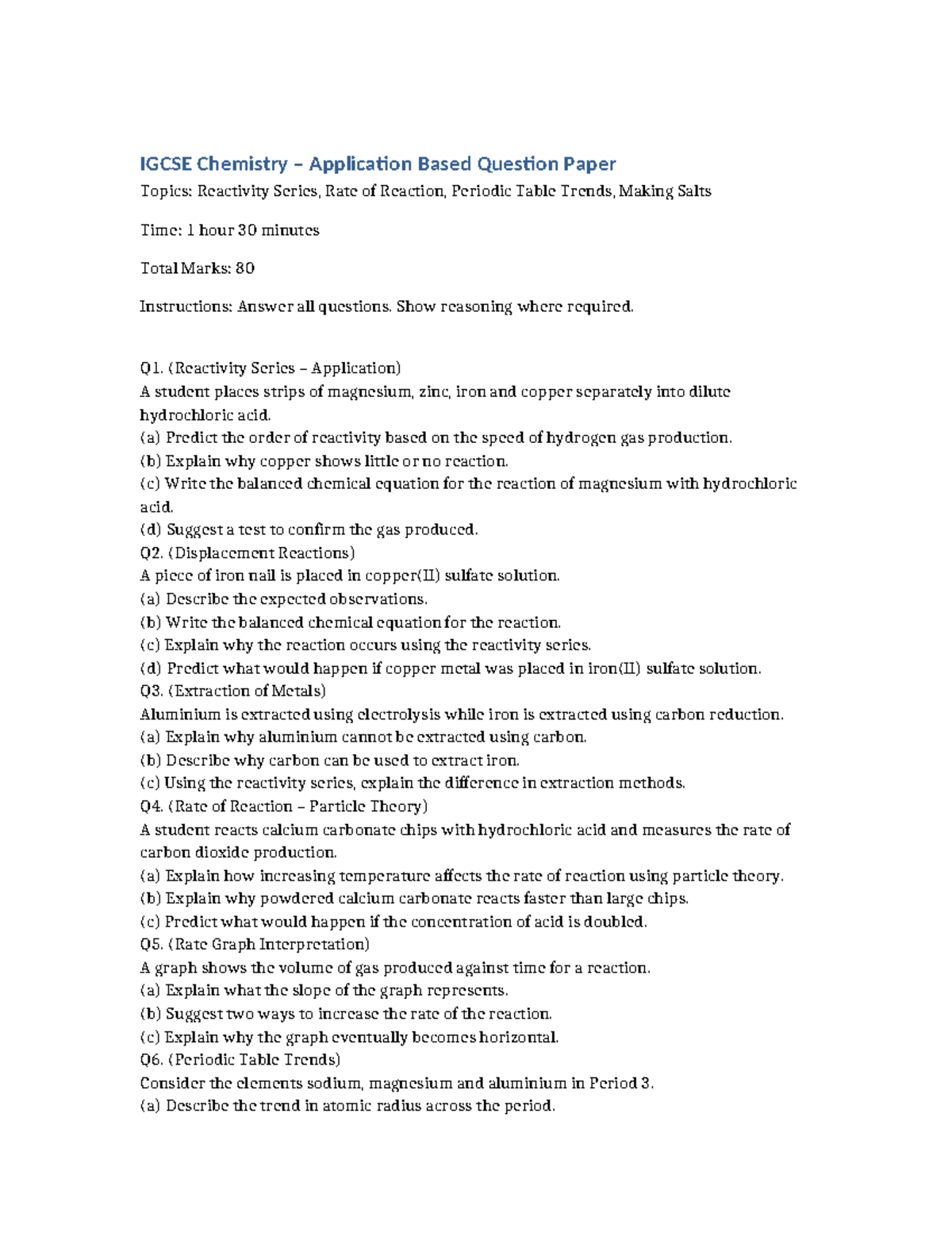 IGCSE Chemistry Application Paper: Reactivity, Rates & Trends - Studocu