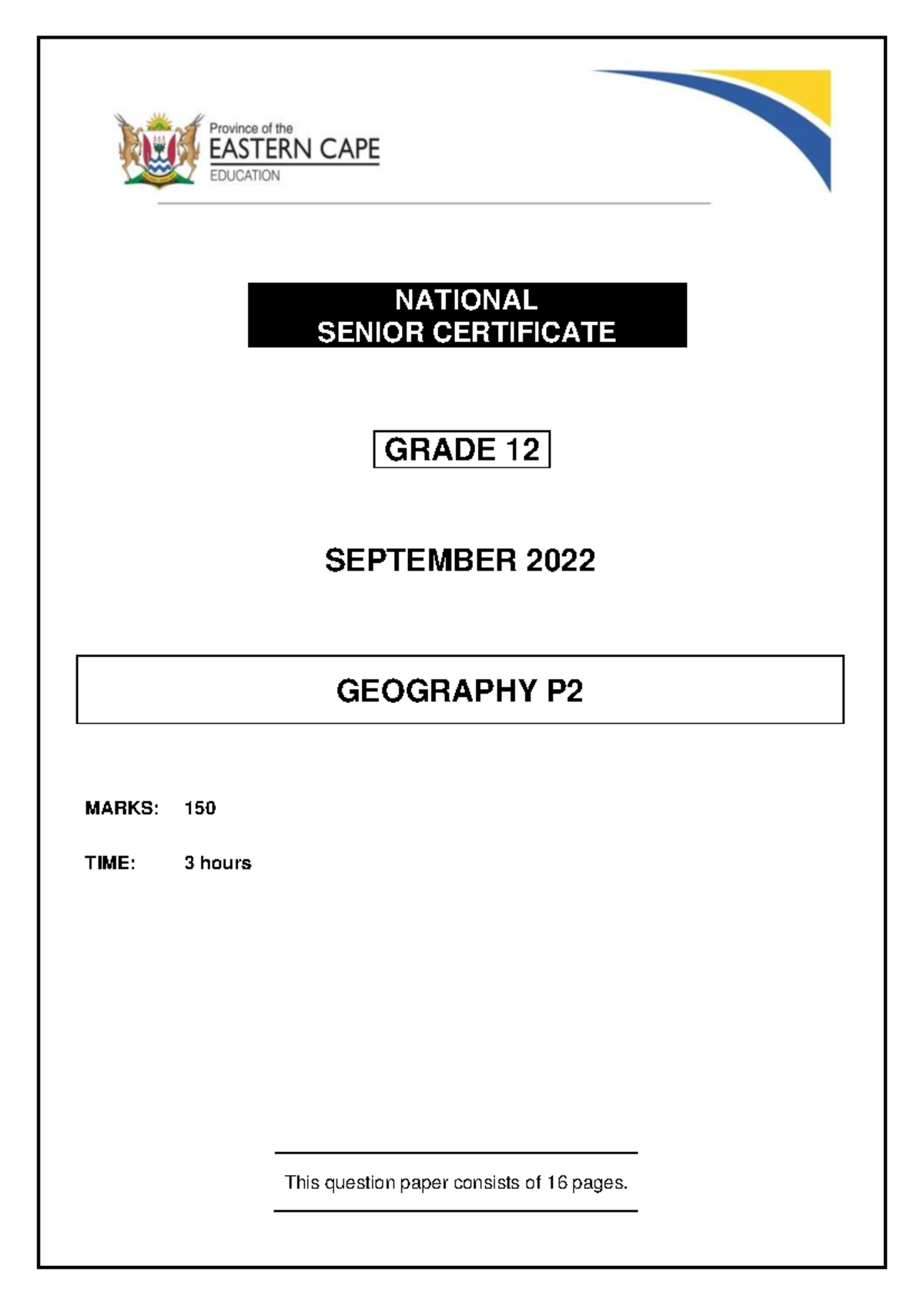 Geography P2 EC September 2022 Exam Paper and Instructions - Studocu