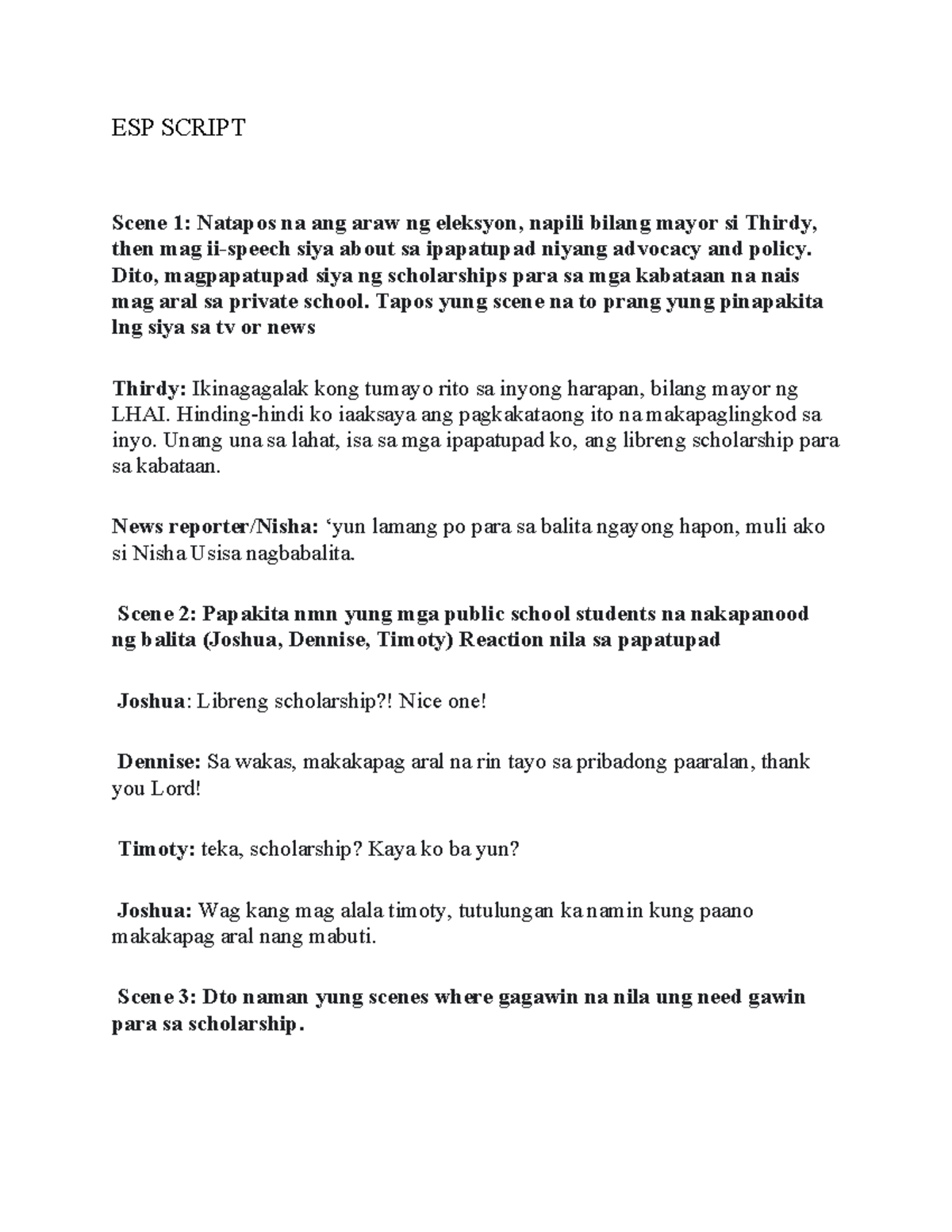 ESP SCRIPT: Advocacy and Scholarship Program Role Play Guide - Studocu