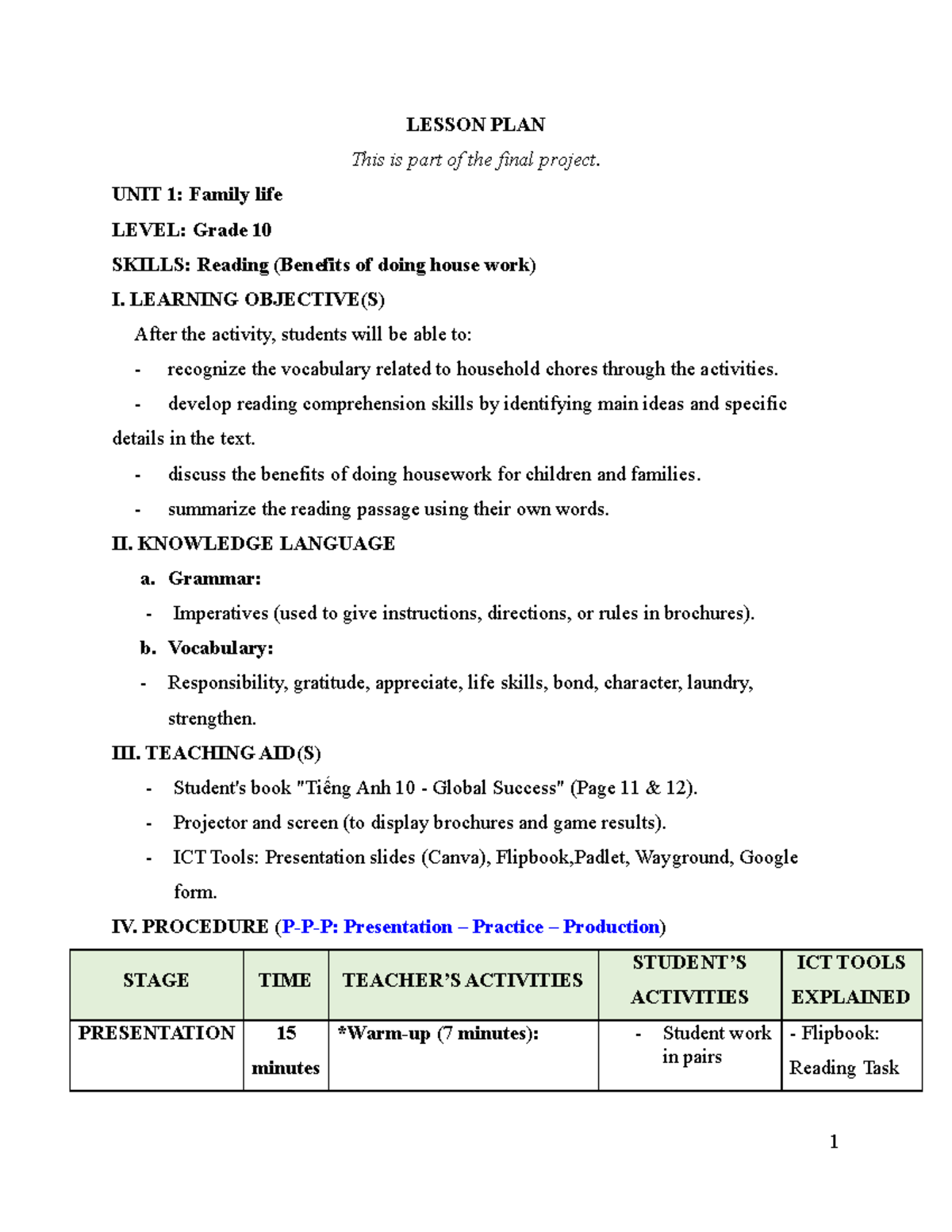 Lesson Plan: Family Life - Grade 10 (Unit 1) - Studocu