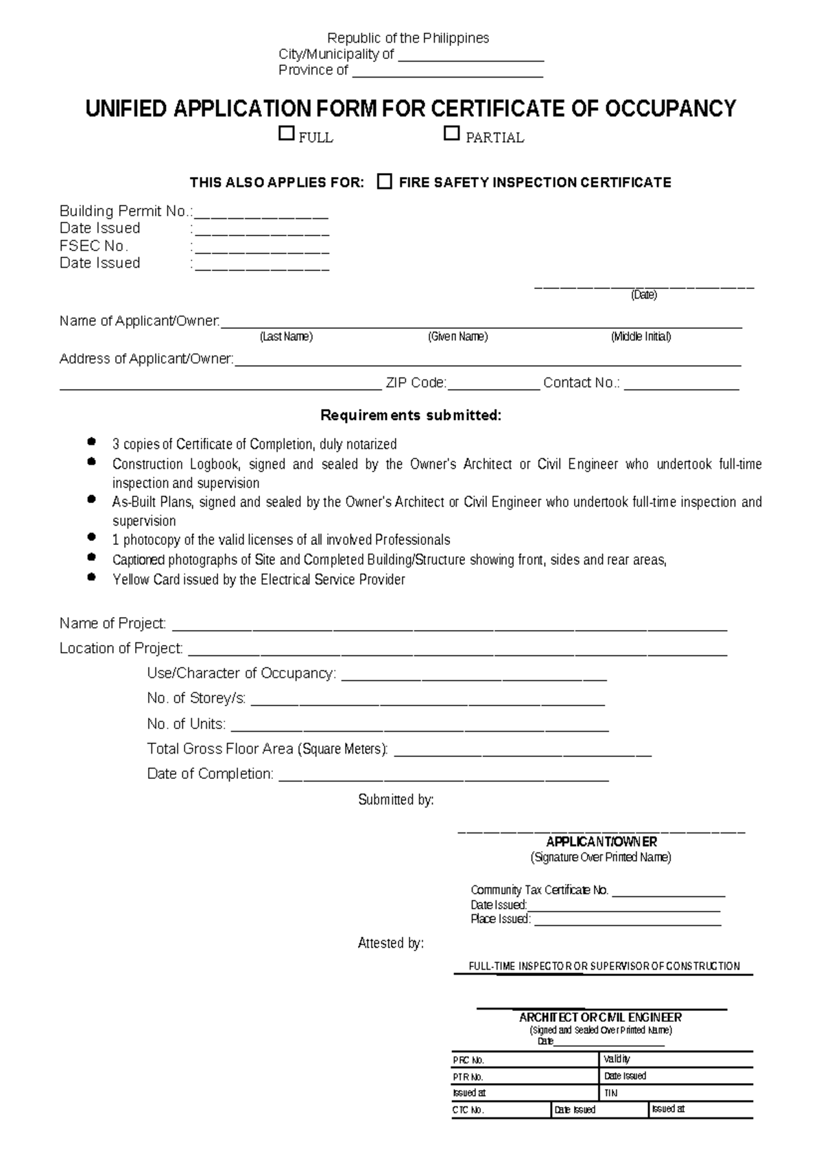 Unified Application Form for Certificate of Occupancy - Studocu