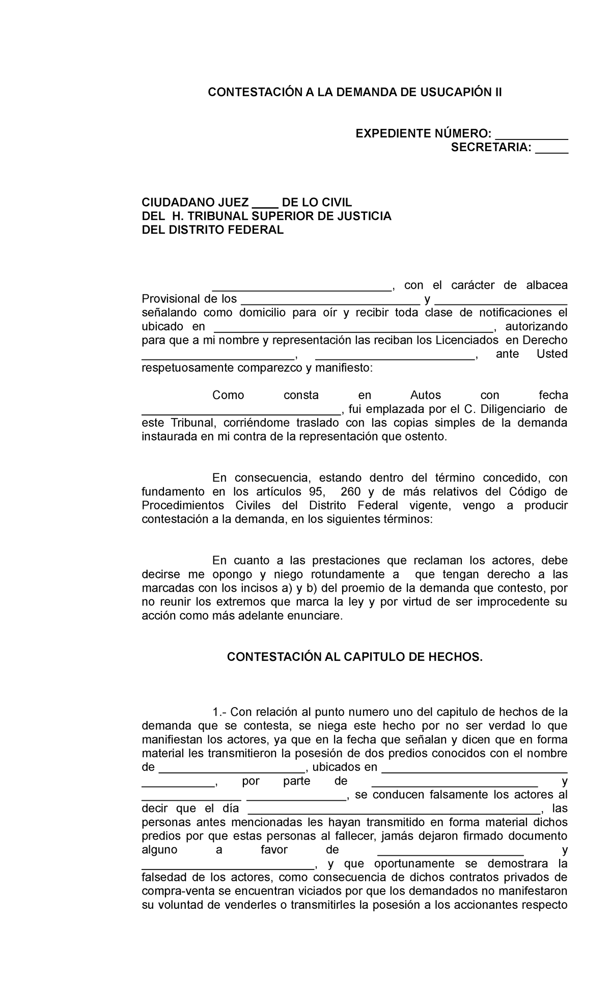 Formato Contestación 2 - CONTESTACIÓN A LA DEMANDA DE USUCAPIÓN II ...