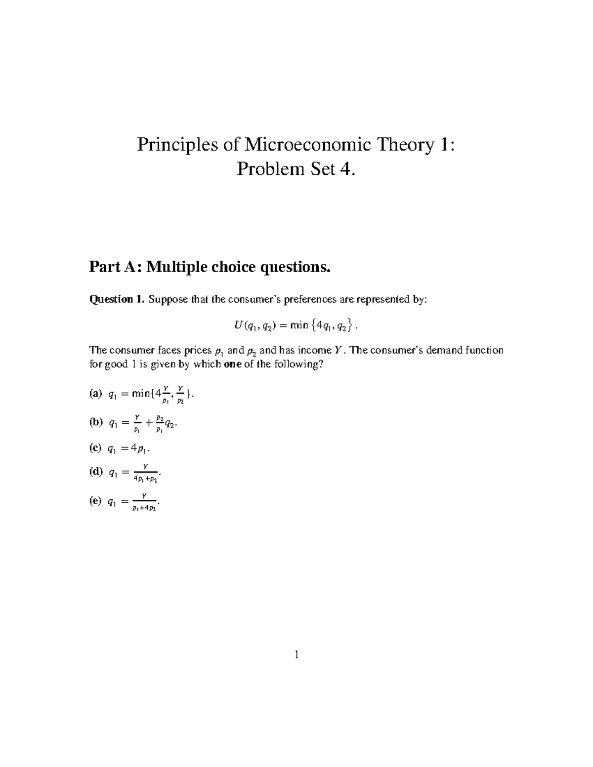 ECON10171 Principles of Microeconomic Theory: Problem Set 4 - Studocu