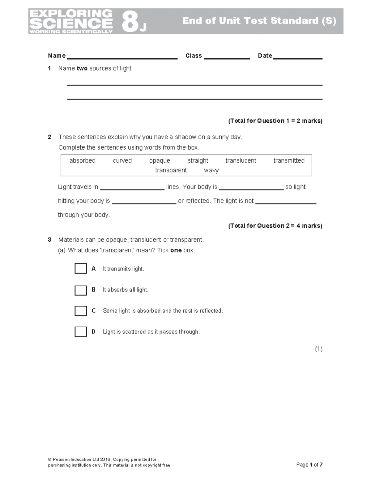 8J End of Unit Test: Light Properties and Behavior - Studocu