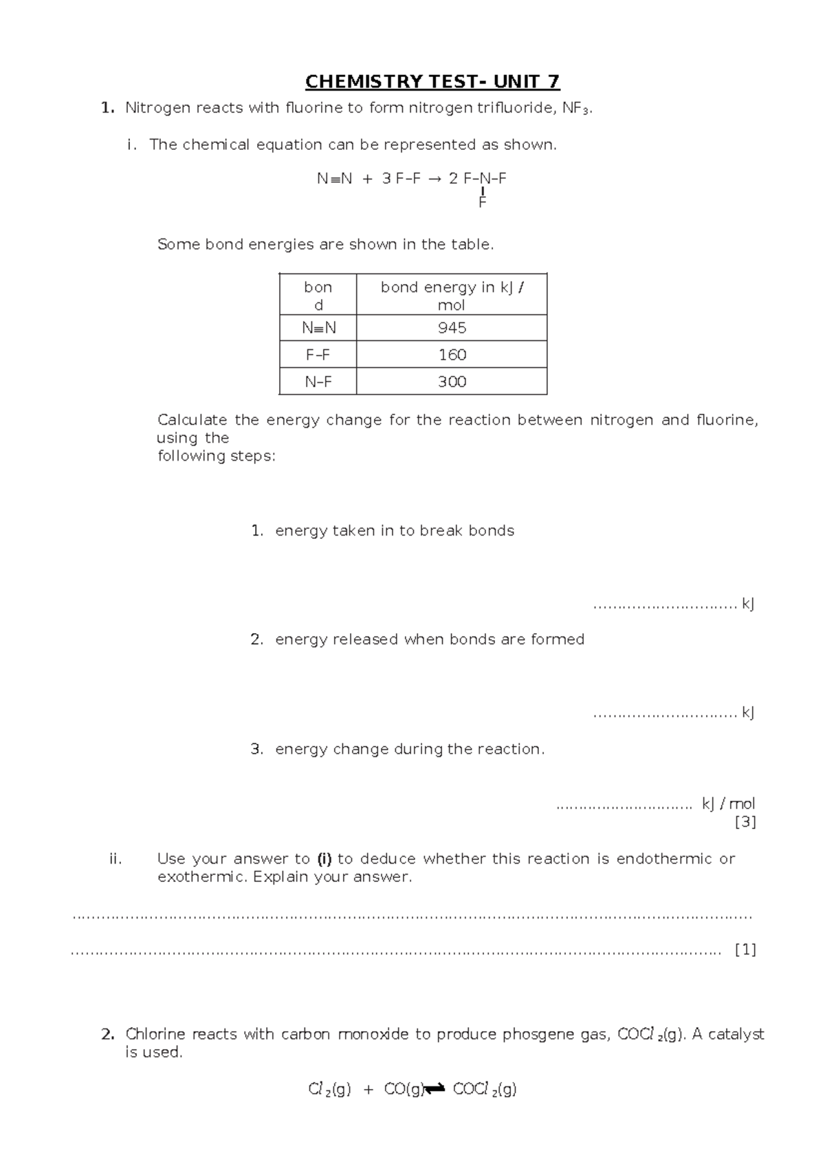 Chemistry Unit 7 Test: Energy Changes in Chemical Reactions - Studocu