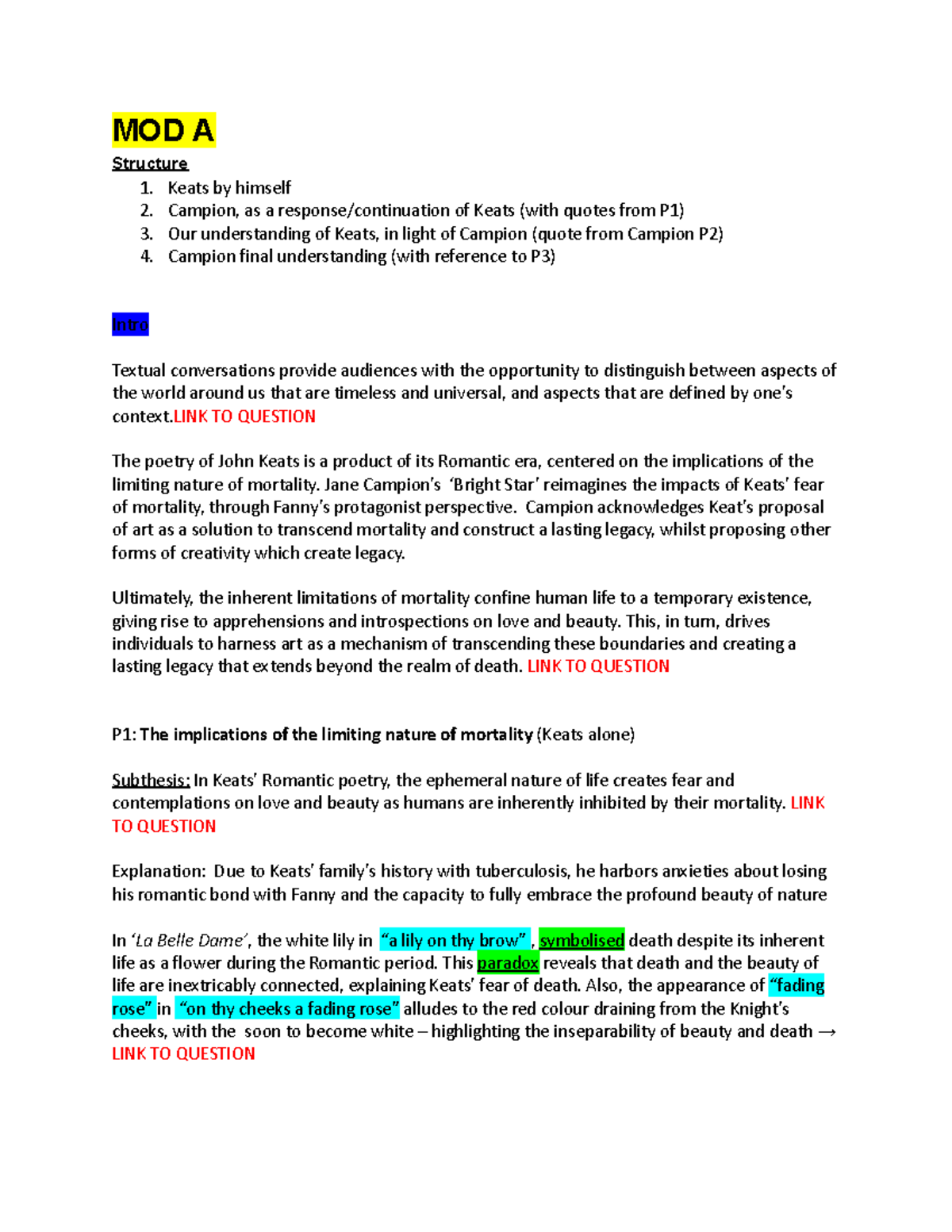 MOD A - Essay on Keats and Campion's 'Bright Star' Analysis - Studocu