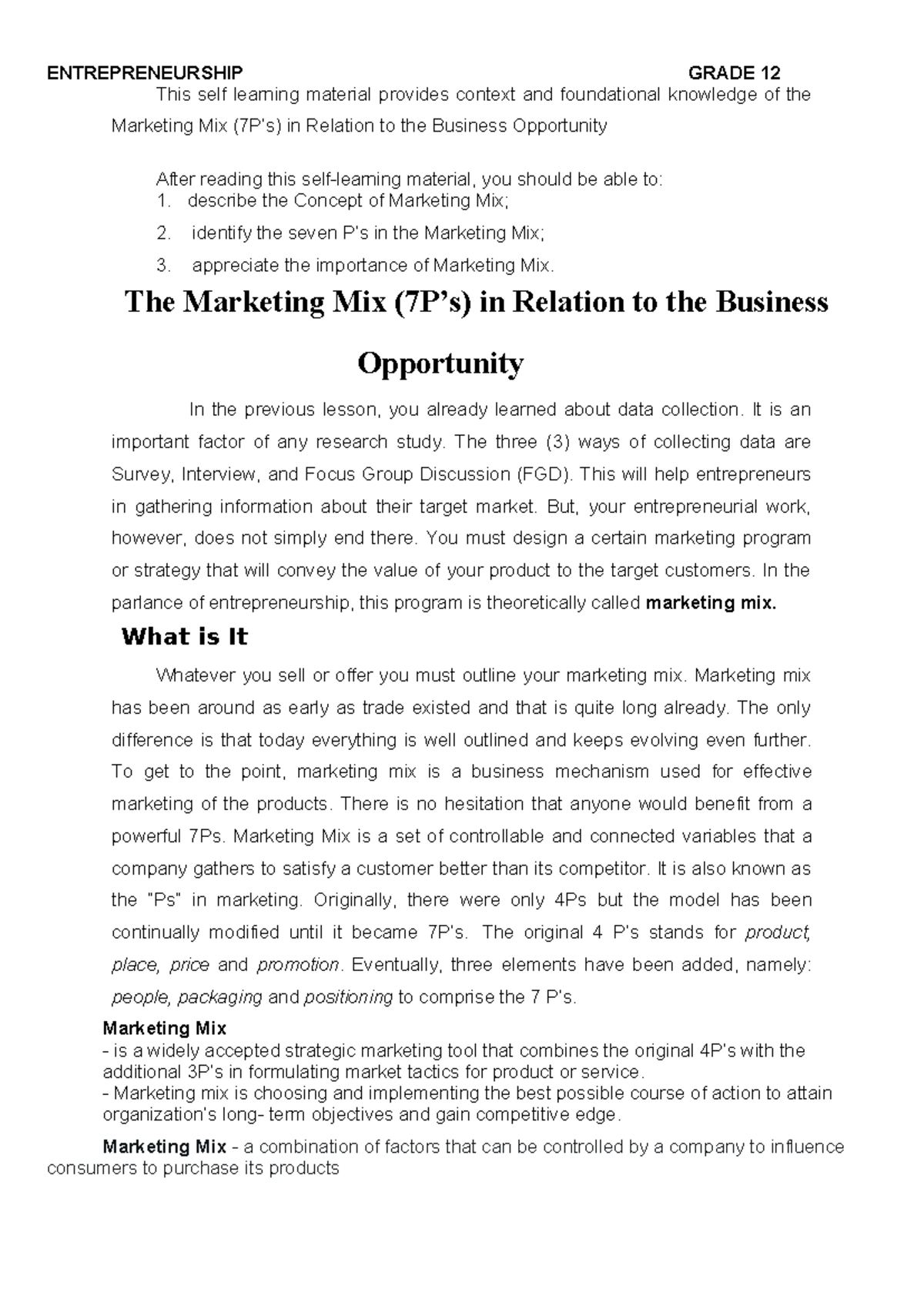 ENTREPRENEURSHIP GRADE 12: Marketing Mix & 7Ps Lecture Notes - Studocu