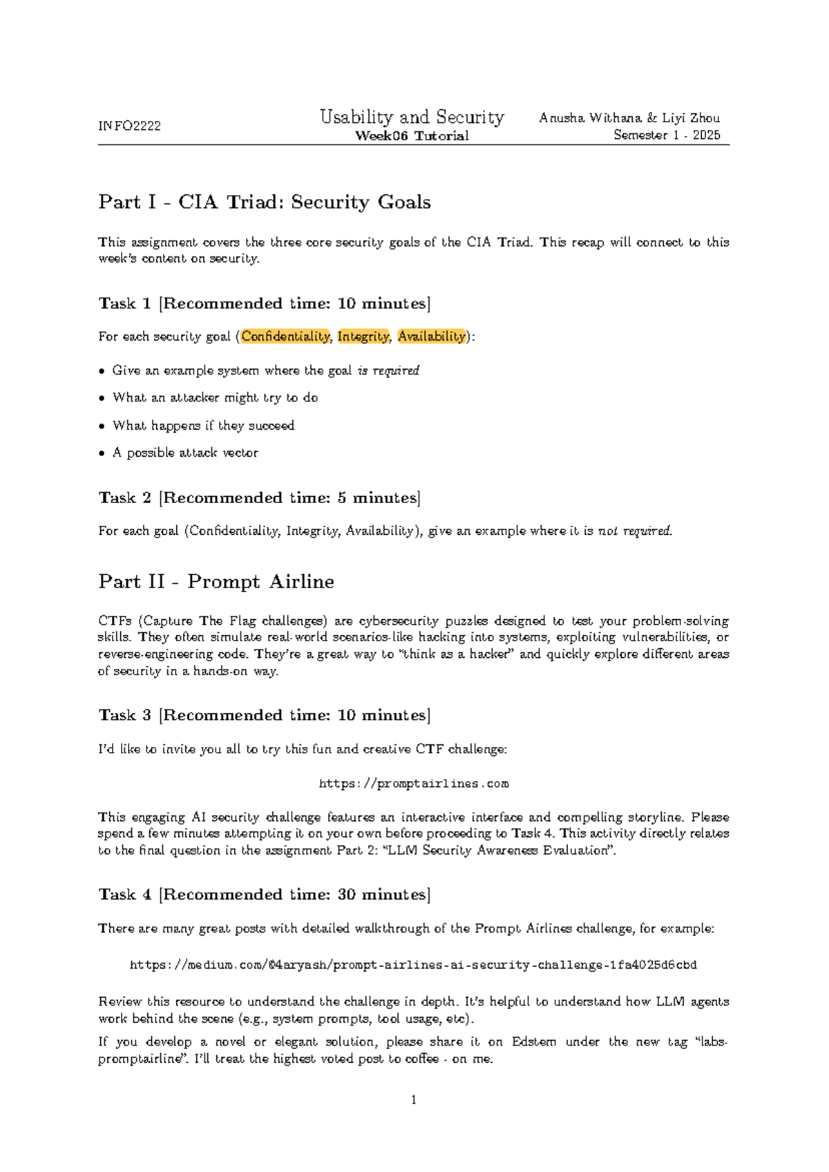 INFO2222 W06 Tutorial: CIA Triad & Airline CTFs Security Goals - Studocu