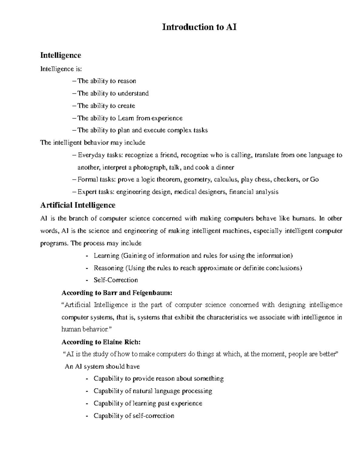 1. Introduction to AI - Leacture note - Introduction to AI Intelligence Intelligence is: - The ...