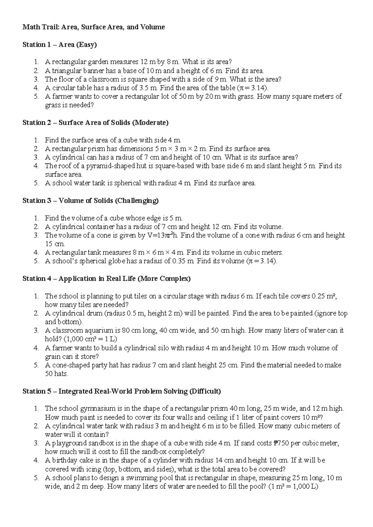 Math Trail: Area, Surface Area, and Volume Stations (Easy to Difficult ...
