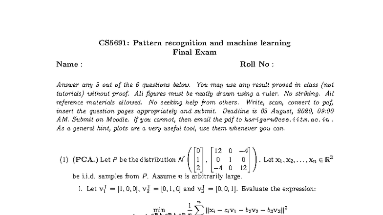 CS5691: Pattern Recognition & Machine Learning Final Exam Questions - Studocu
