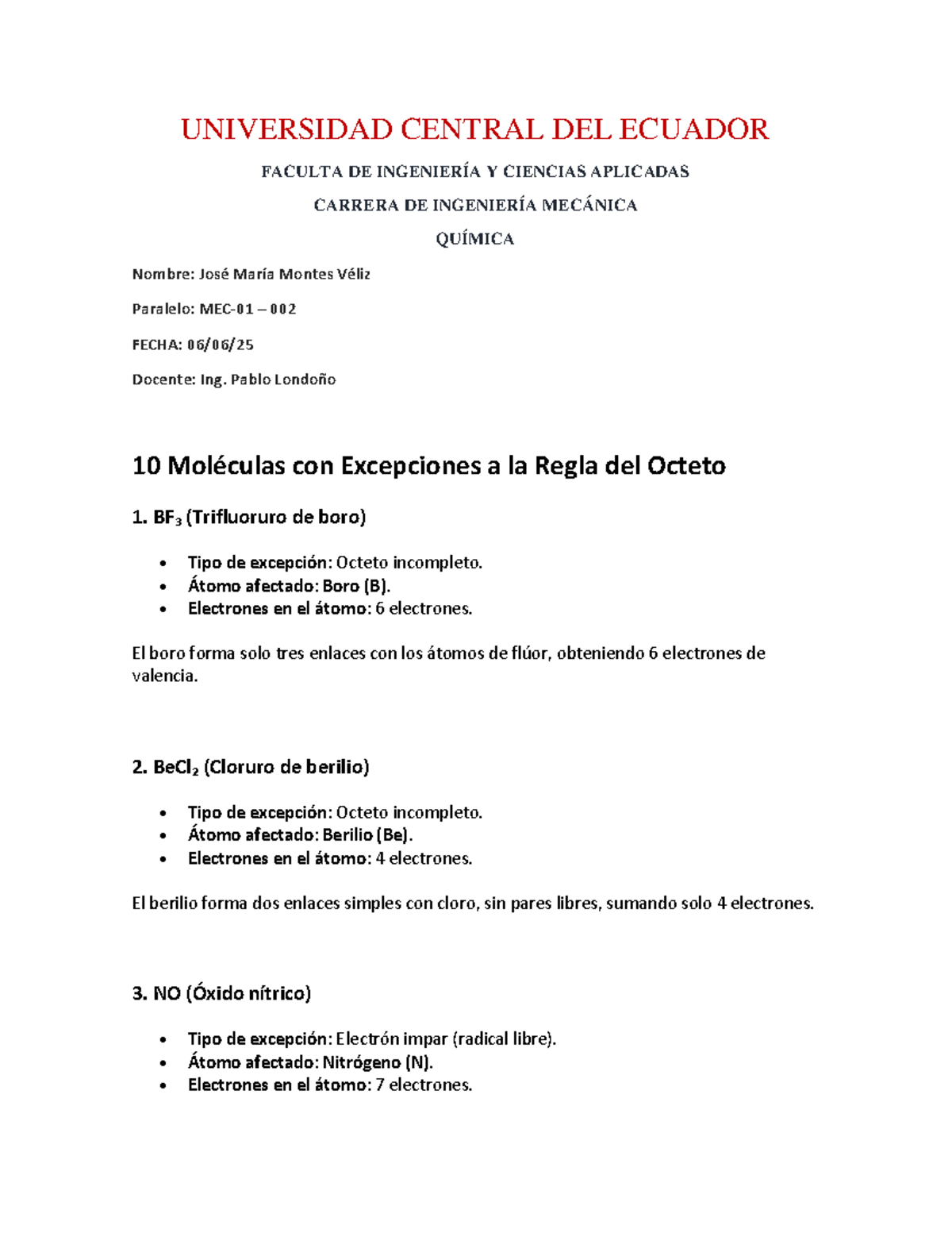 Excepciones a la Regla del Octeto en Estructuras de Lewis - MEC 10 ...