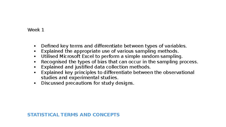 Week 1: Key Terms, Sampling Methods, and Study Designs (STAT 101) - Studocu