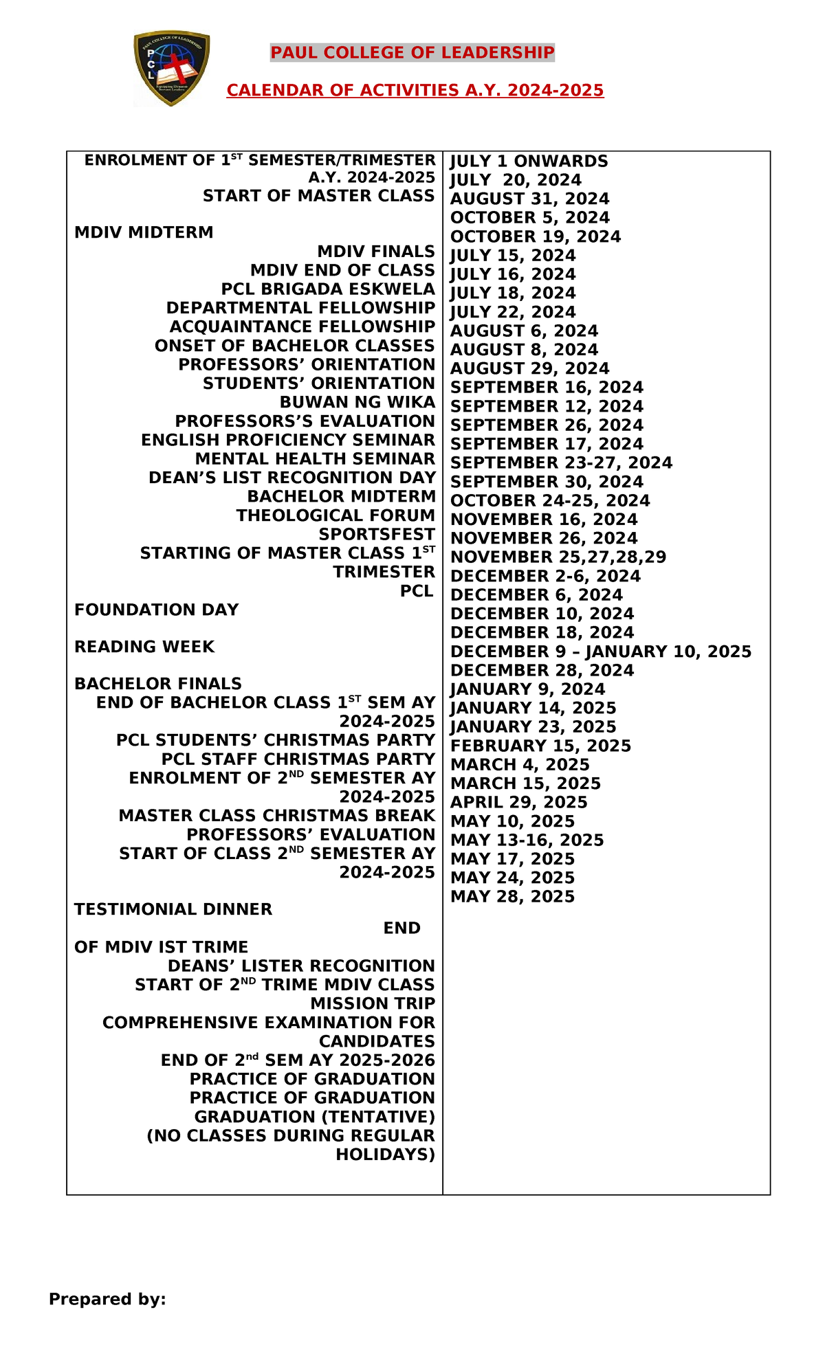 Calendar OF Activities 2024 2025 - PAUL COLLEGE OF LEADERSHIP CALENDAR ...
