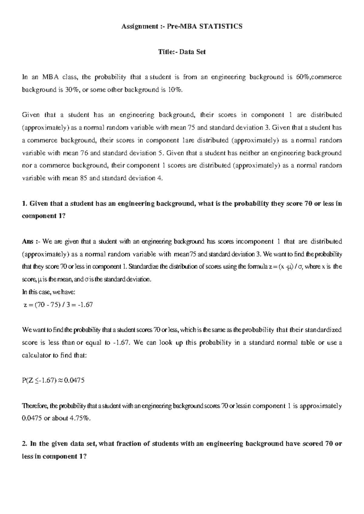 Final Exam: Pre-MBA Statistics Insights and Analysis - Studocu