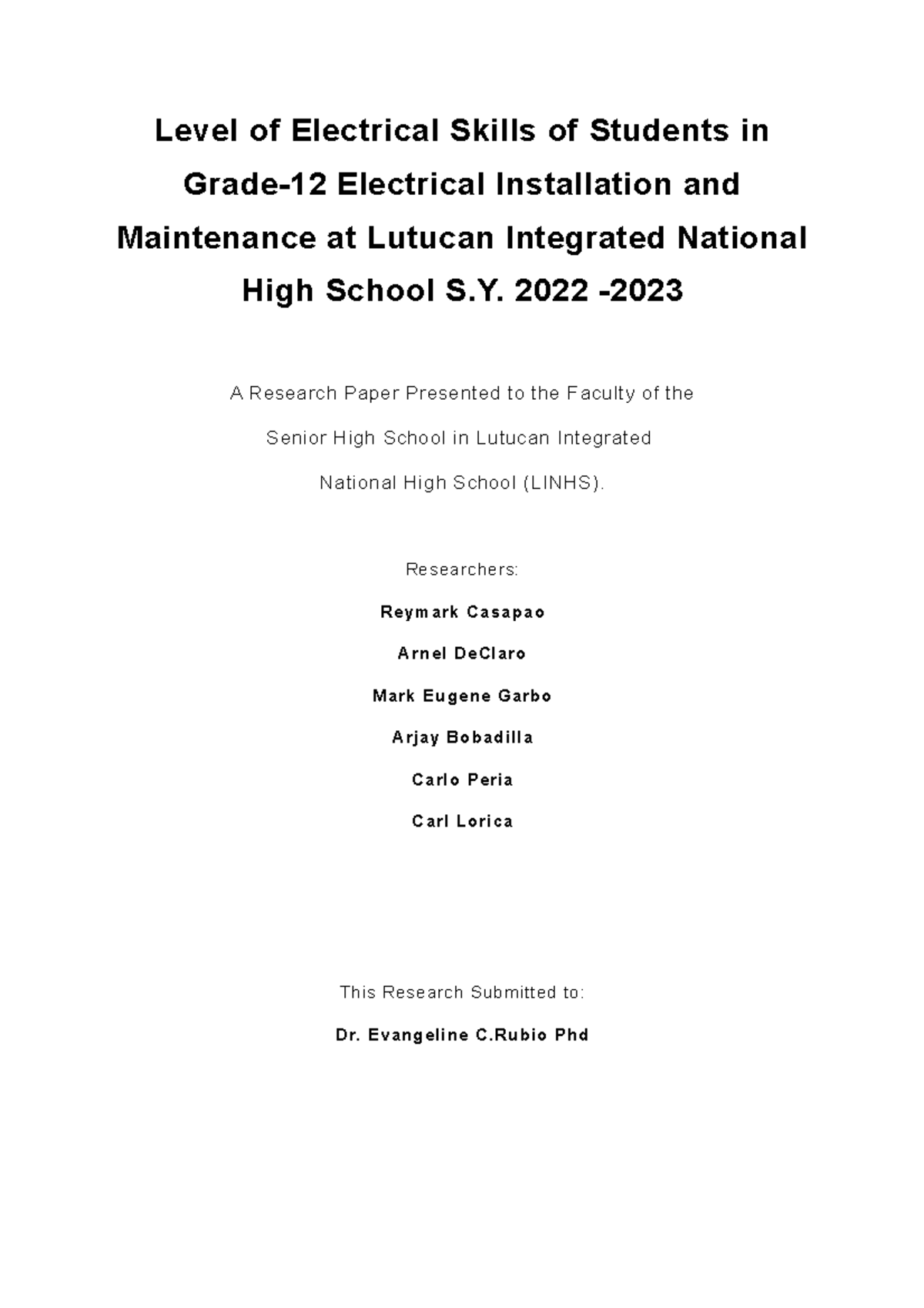 Electrical Skills Assessment of Grade-12 EIM Students at LINHS S.Y ...