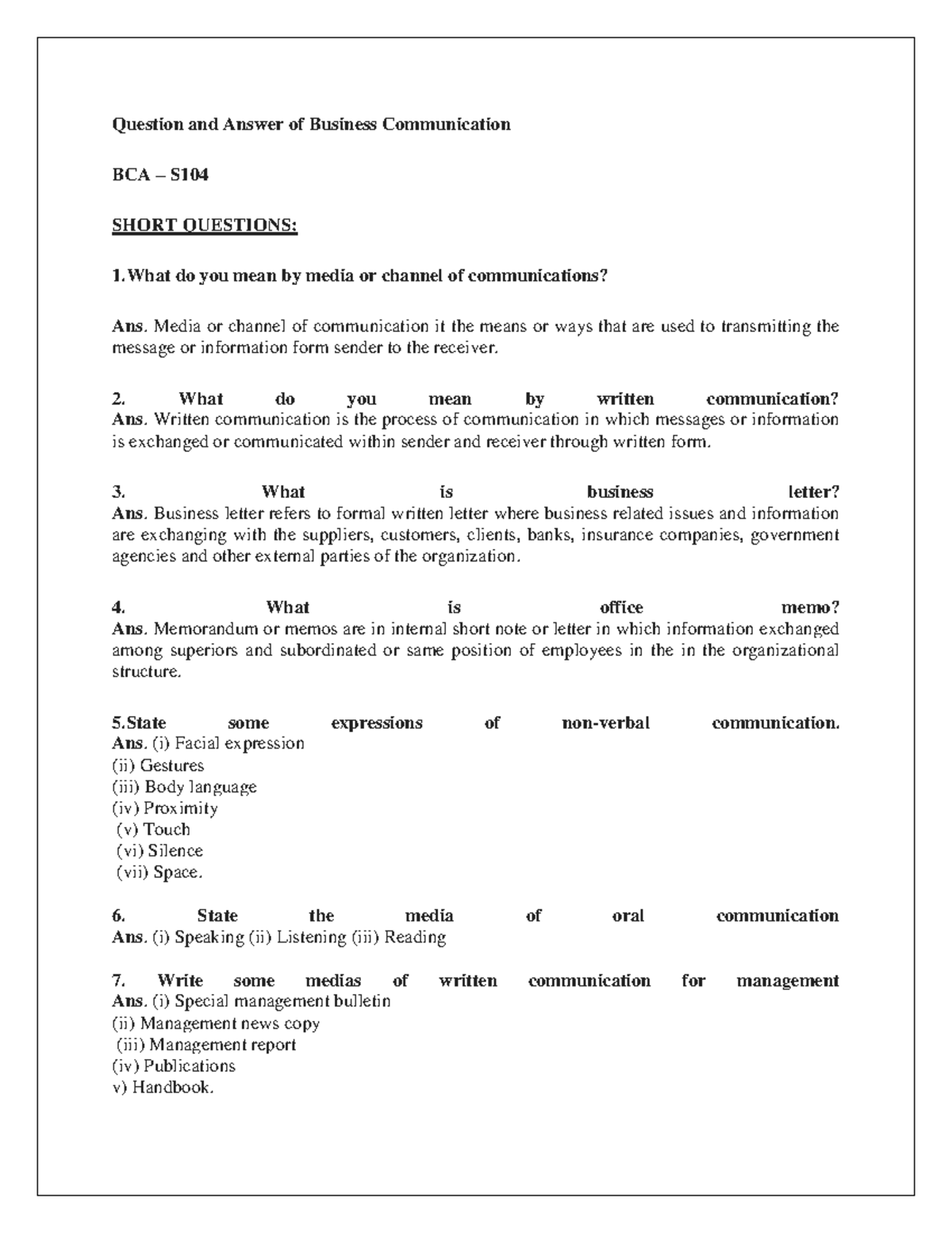 Question and answer of business communication - Question and Answer of ...