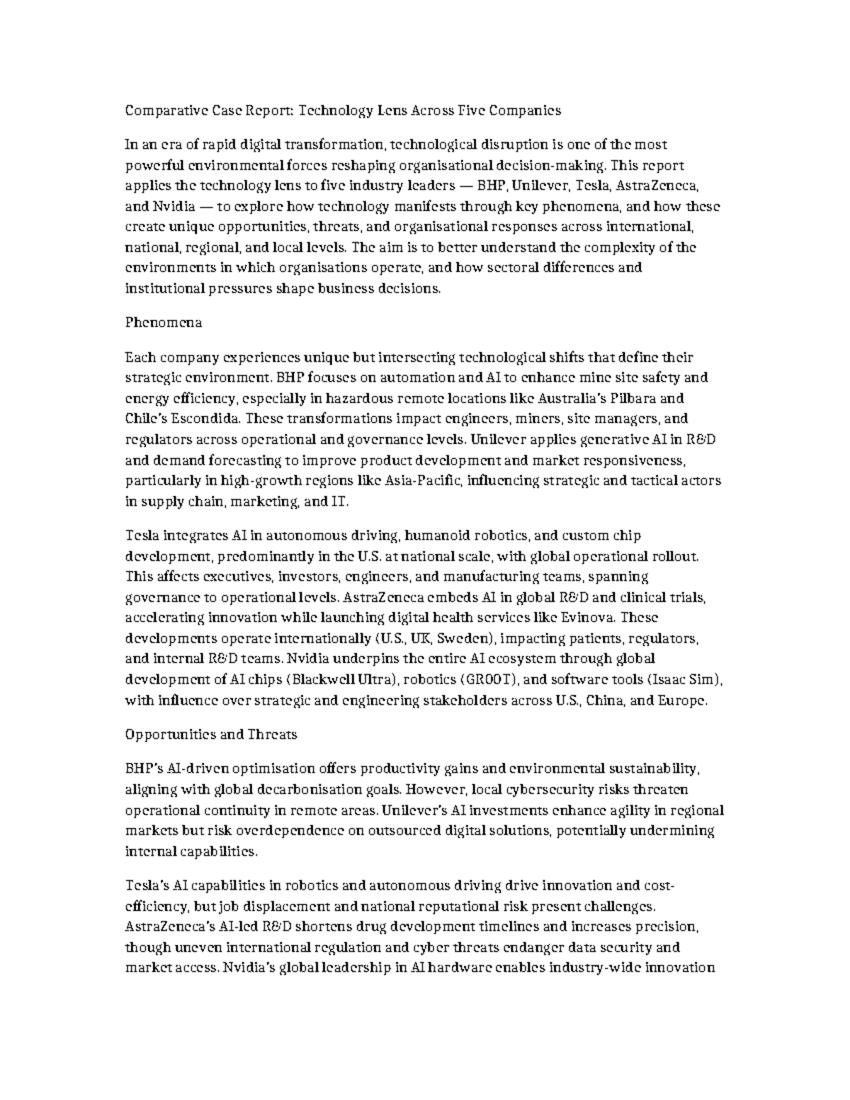Comparative Case Study: Tech Disruption in BHP, Unilever, Tesla ...
