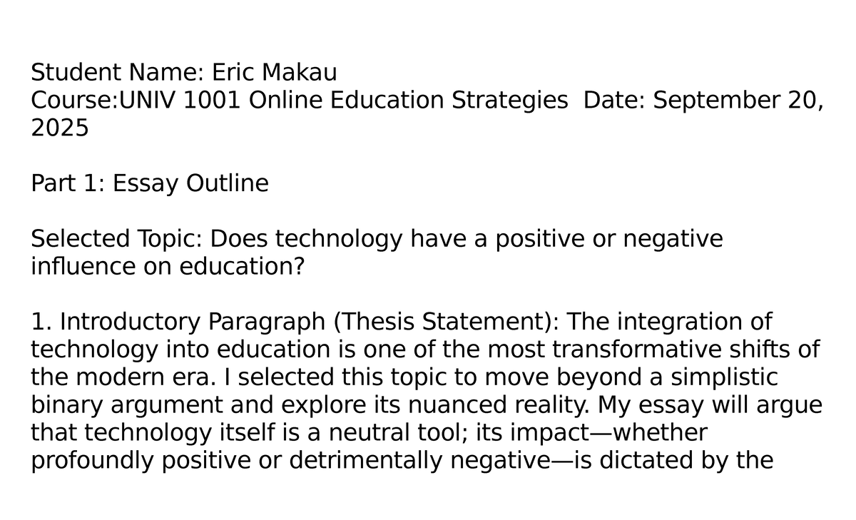 UNIV 1001 Essay Outline: The Impact of Technology on Education - Studocu