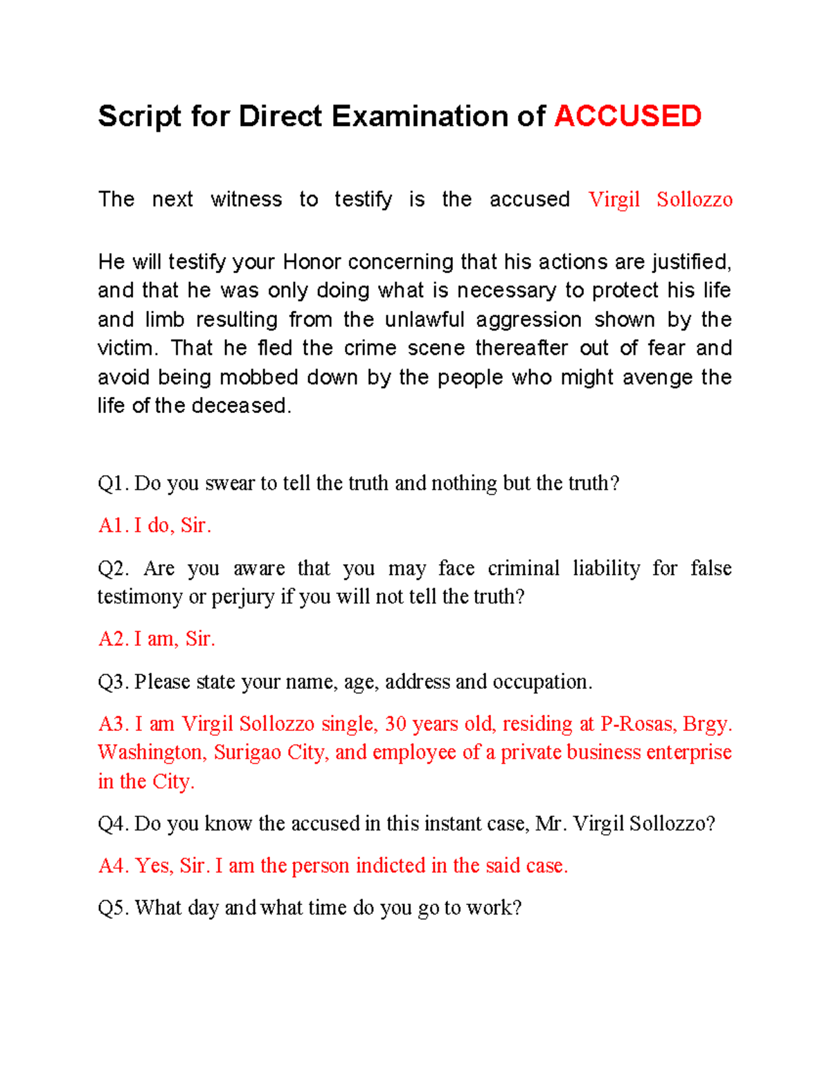 Script for Direct Examination of Accused (Case No. 485217468) - Studocu