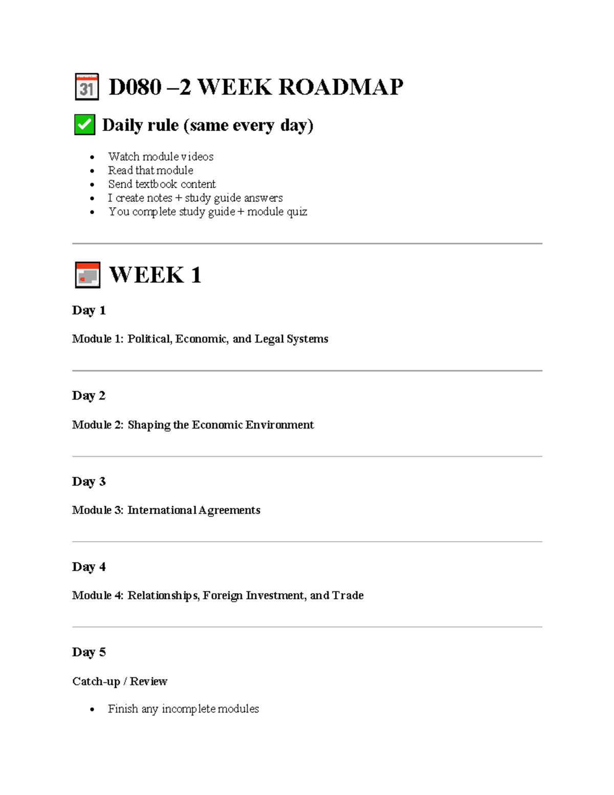 D080 - Weekly Study Roadmap for International Business Modules - Studocu