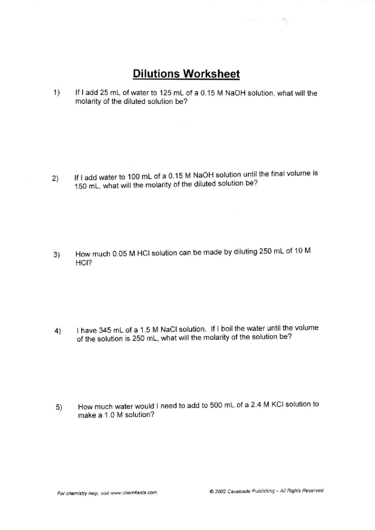 Dilutions Worksheet: Molarity Calculations and Solutions - Studocu