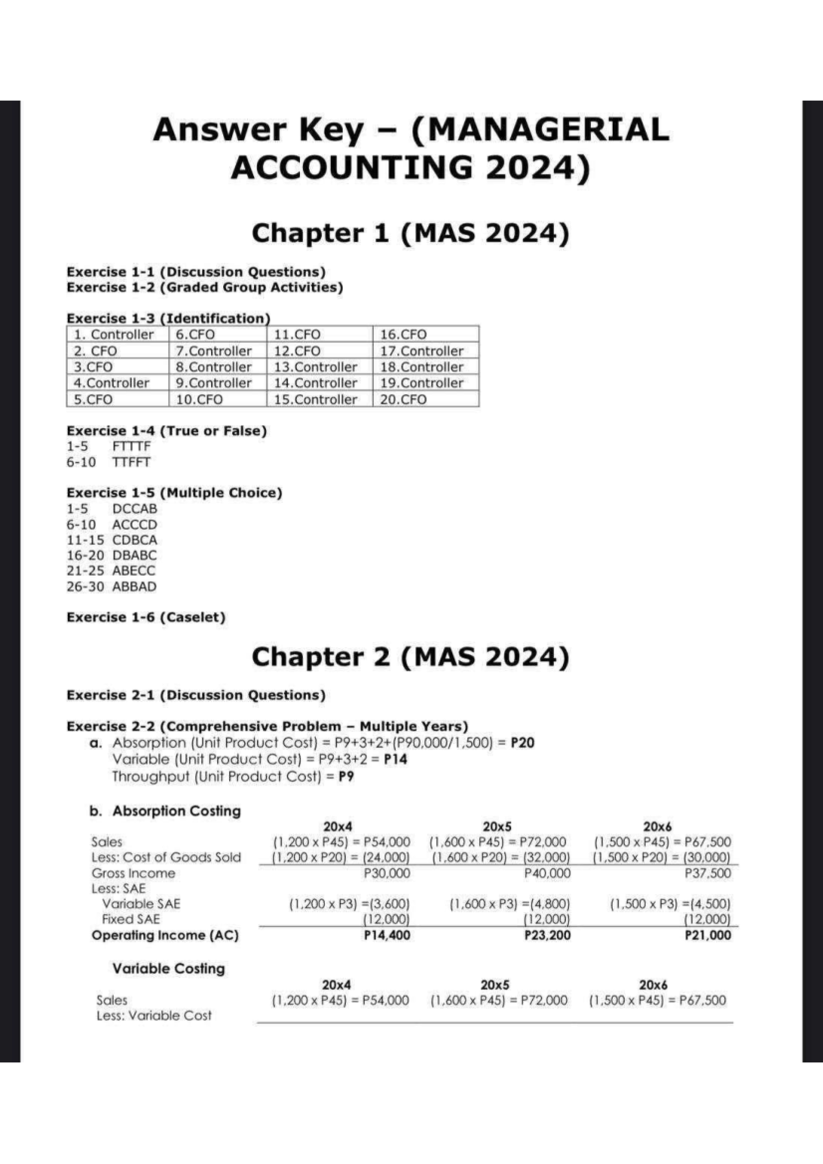Managerial Accounting (MAS 2024) Answer Key: Chapter 1 - 7 Exercises ...