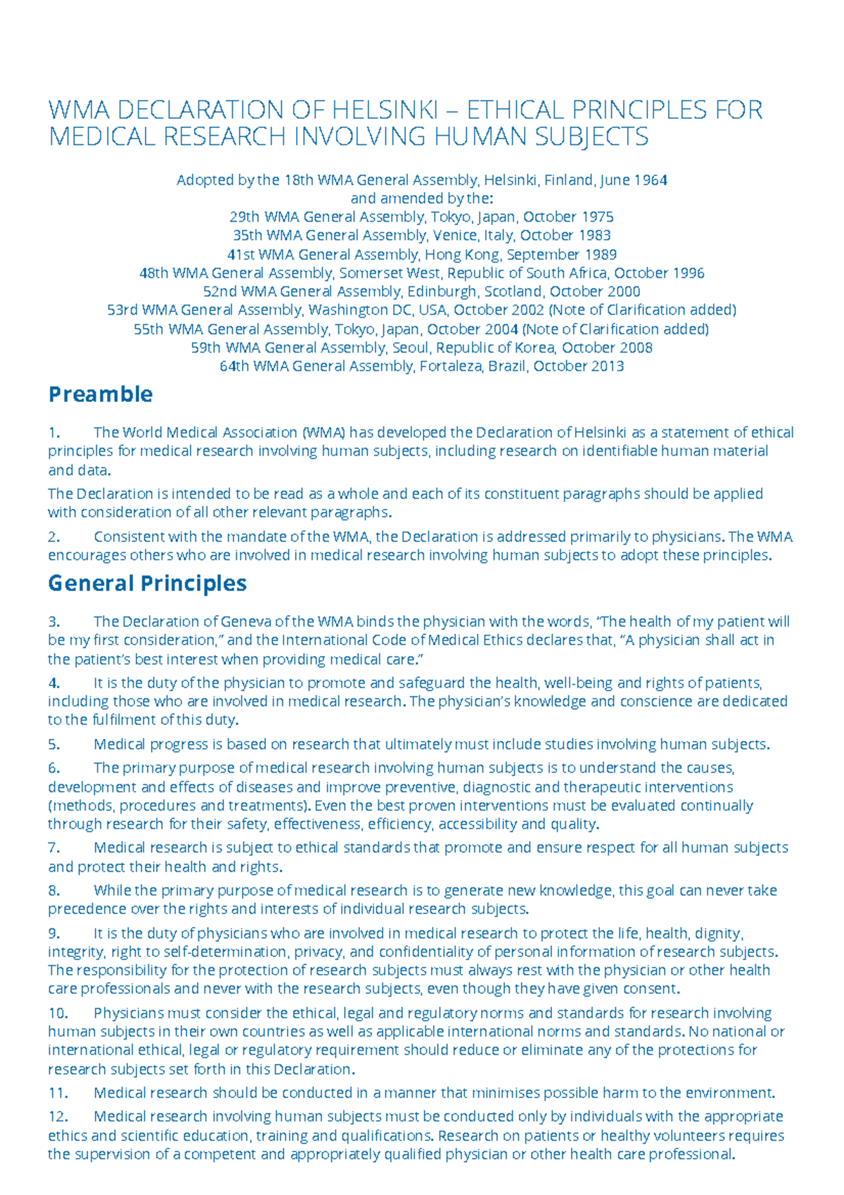 WMA Declaration of Helsinki: Ethical Principles for Medical Research ...
