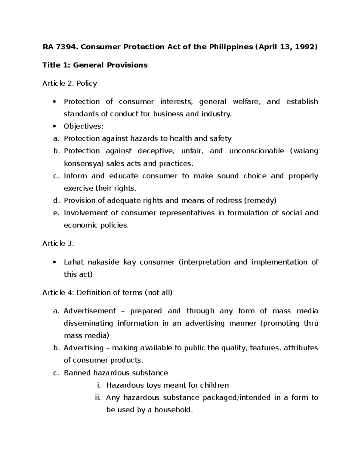 RA 7394: Consumer Protection Act of the Philippines - Key Provisions ...