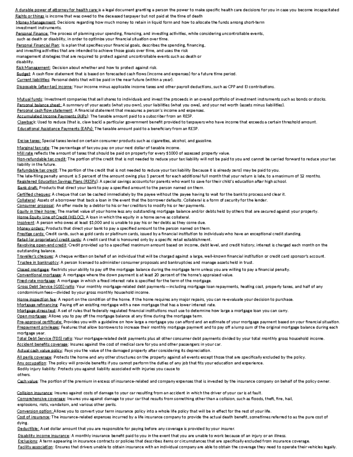 Personal Finance Cheat Sheet: Key Concepts and Definitions - Studocu