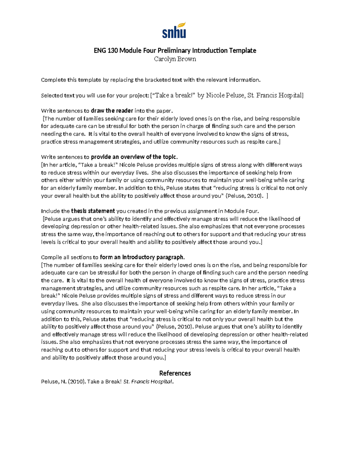 ENG 130 Module Four Introductory Template on Stress Management - Studocu