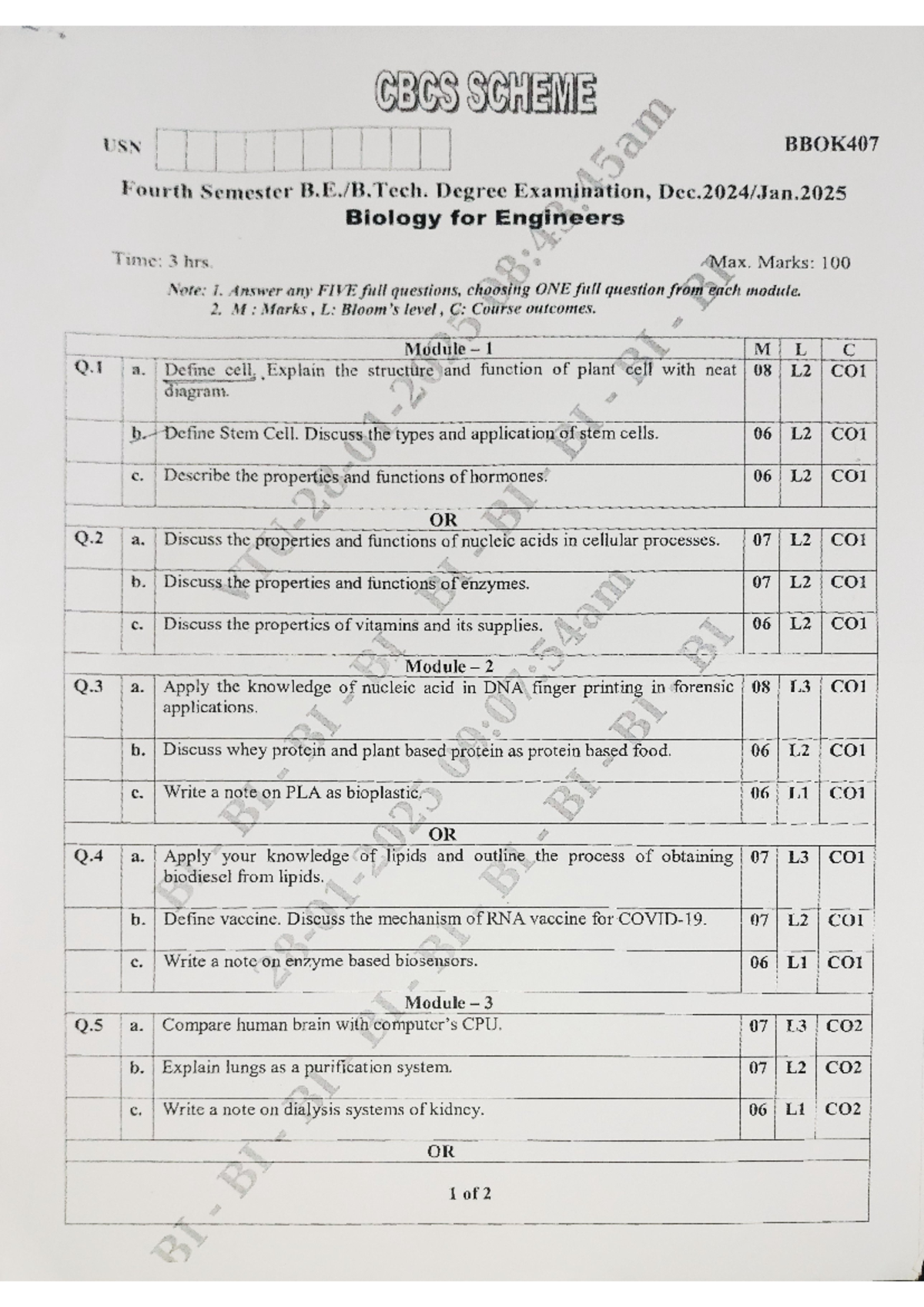 CBCS BBOK407 Fourth Semester Exam: Biology for Engineers Guide - Studocu