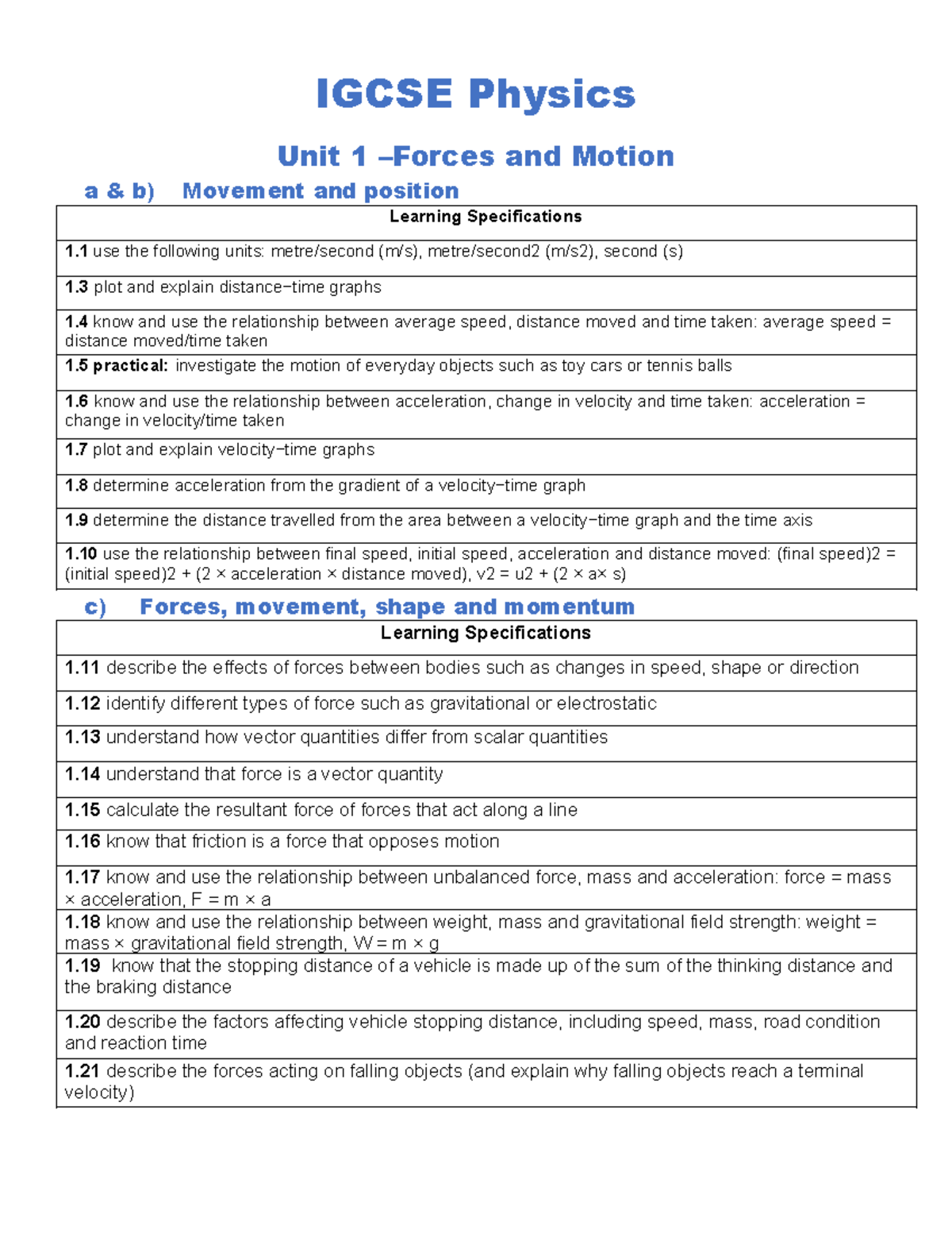 IGCSE Physics Unit 1: Motion & Forces Student Checklist - Studocu