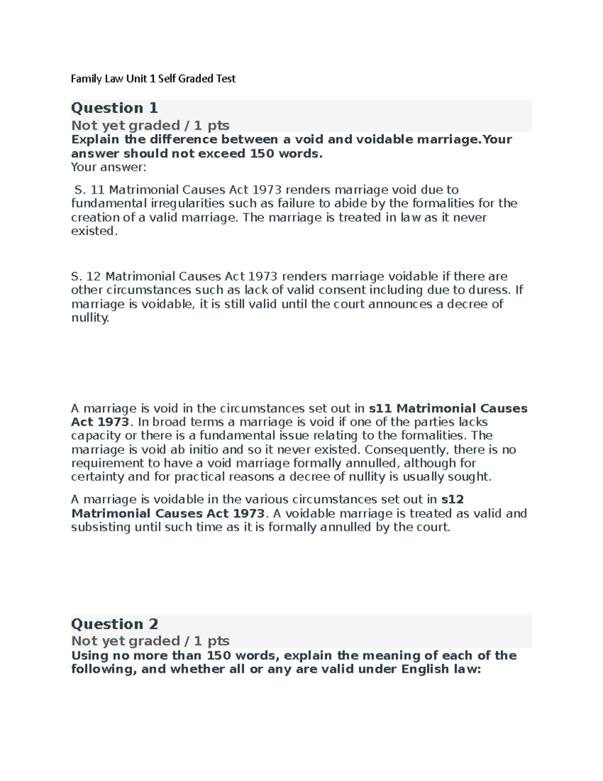 Family Law (LAW101) Unit 1 Self-Graded Test & Questions - Studocu