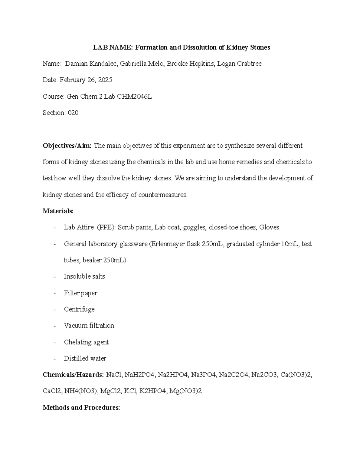 Chem Lab CHM2046L: Formation & Dissolution of Kidney Stones Pre-Lab ...
