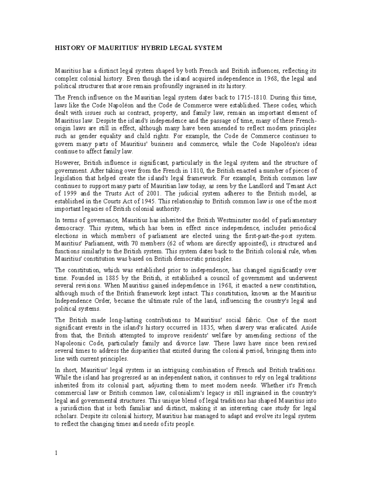 MAU 101 - Assignment on the Hybrid Legal System of Mauritius - Studocu
