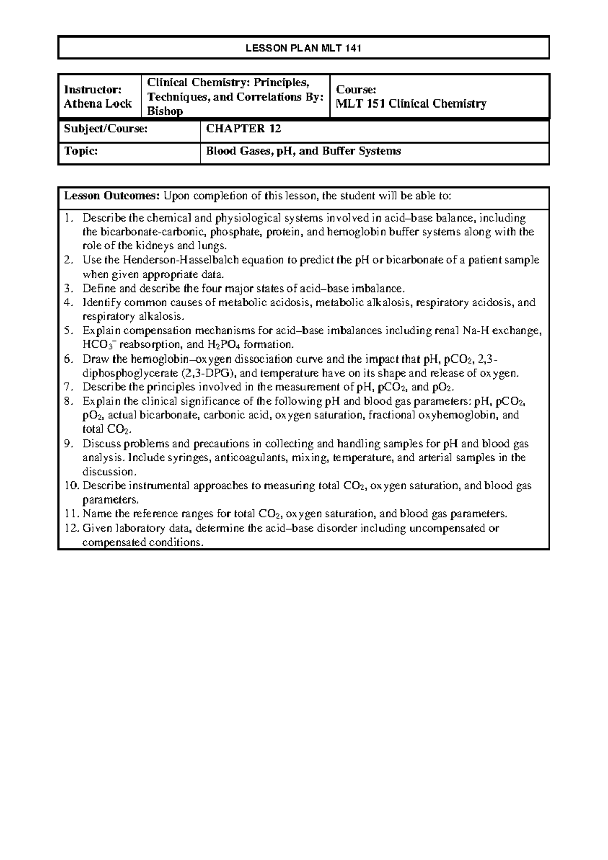 MLT 151 Clinical Chemistry Lesson Plan: Blood Gases & pH Systems - Studocu
