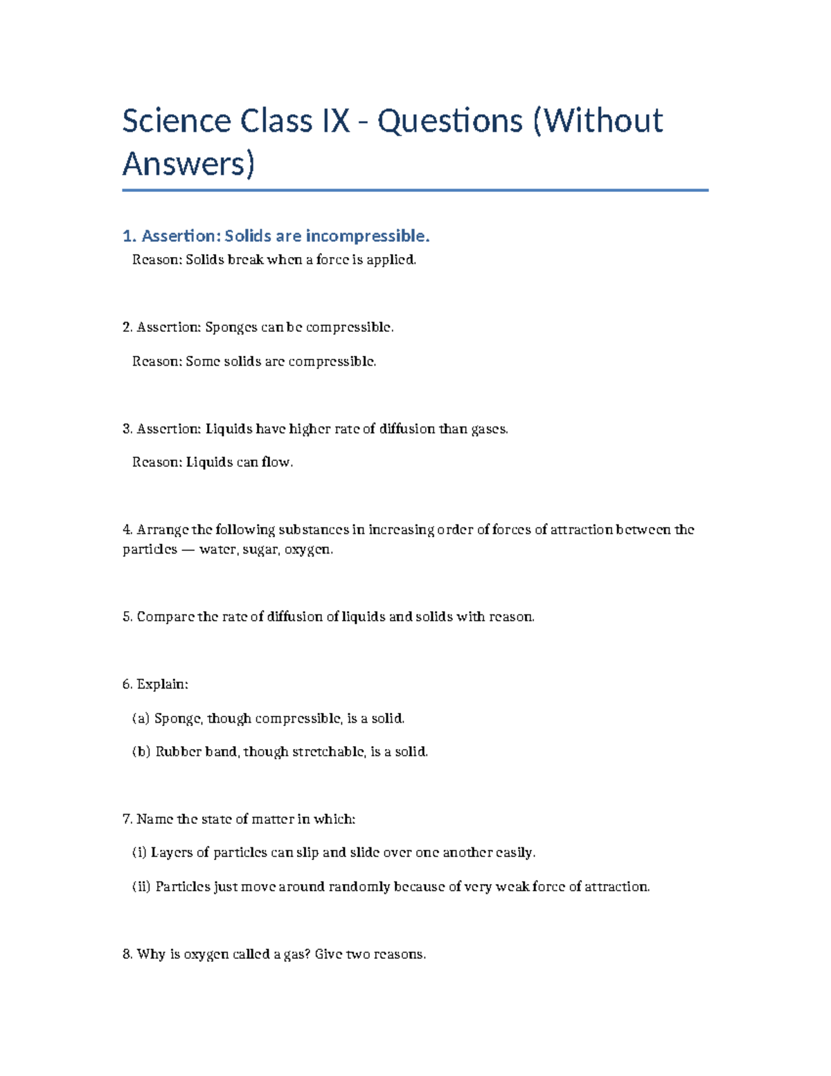 Science Class IX - Question Bank on States of Matter - Studocu