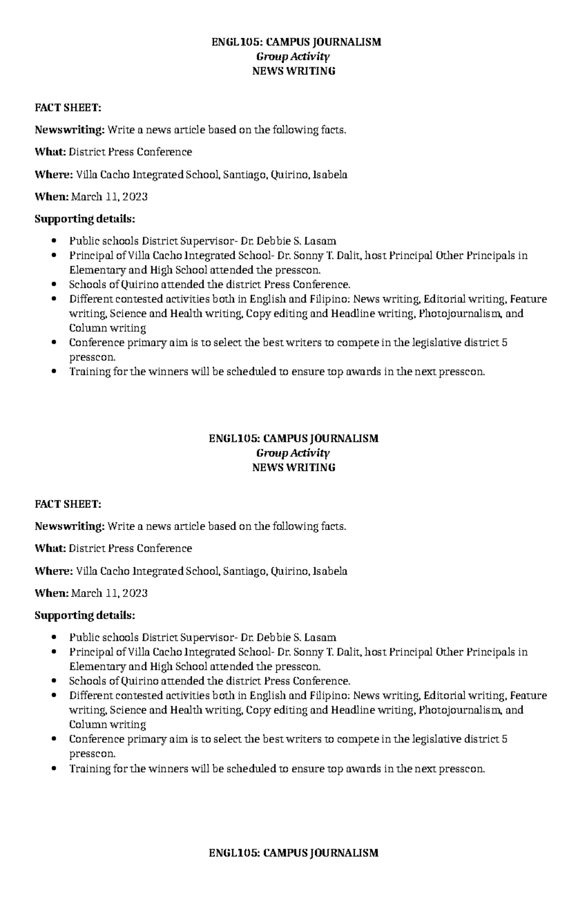 Activity 3 ( Group Activity) - ENGL105: CAMPUS JOURNALISM Group ...