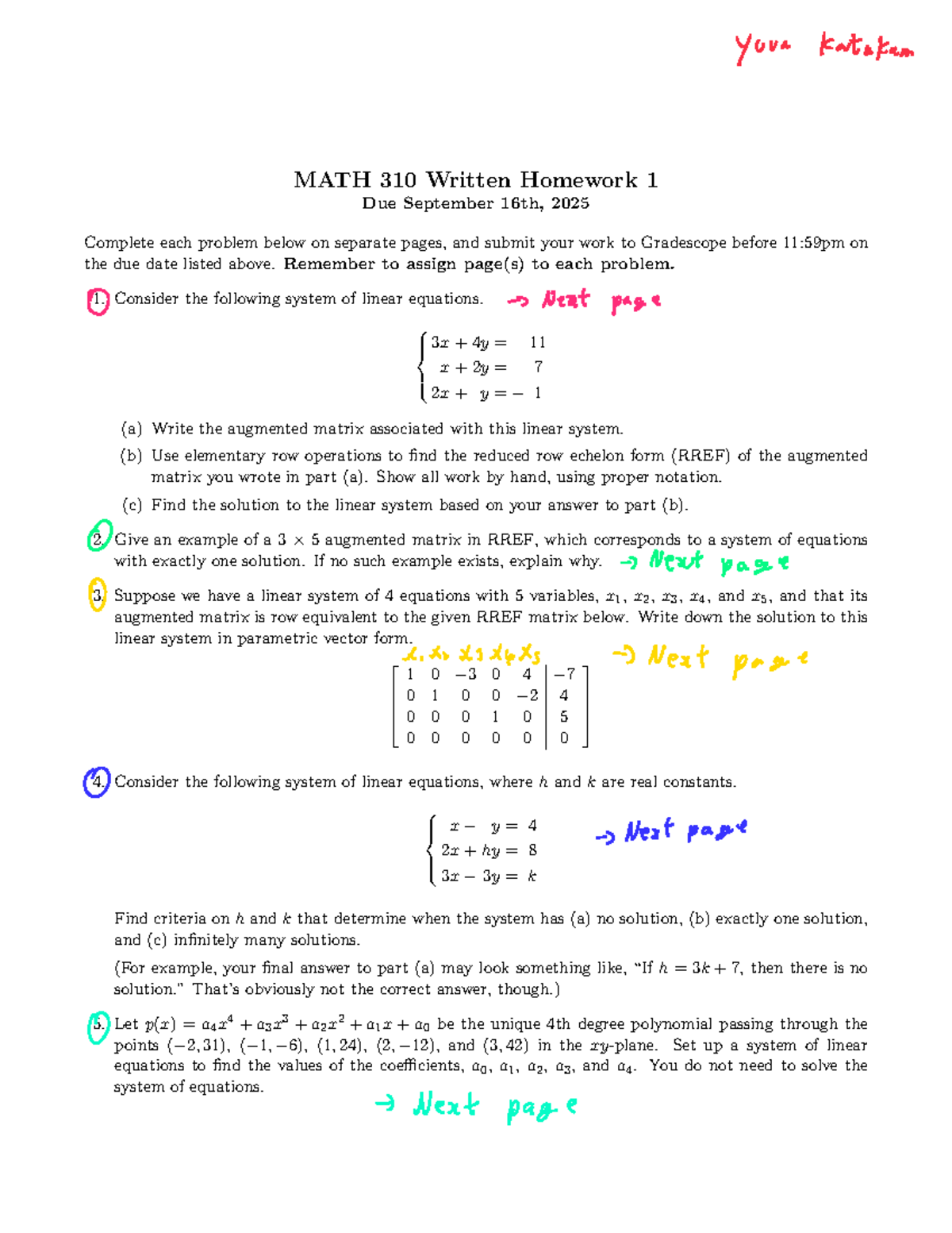 MATH 310 F25 Written Homework #1 - Linear Algebra Problems - Studocu
