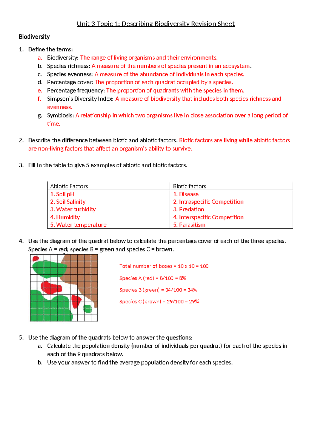 Unit 3 Topic 1 Revision Sheet: Biodiversity Concepts and Calculations ...