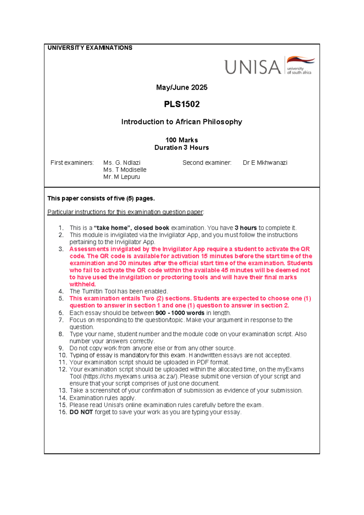 PLS1502 2025 Examination Paper: Introduction to African Philosophy ...