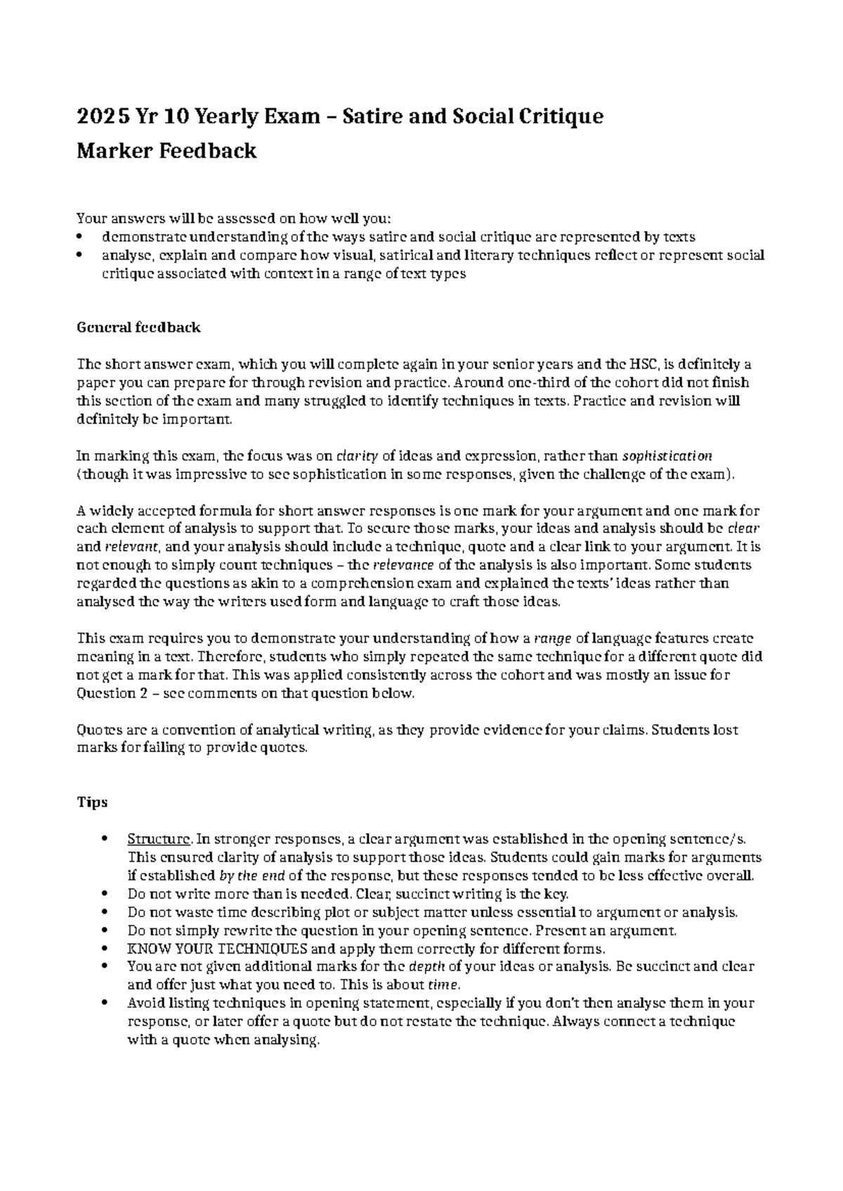 2025 Yr 10 Yearly Exam Short Answer: Satire & Social Critique Feedback ...