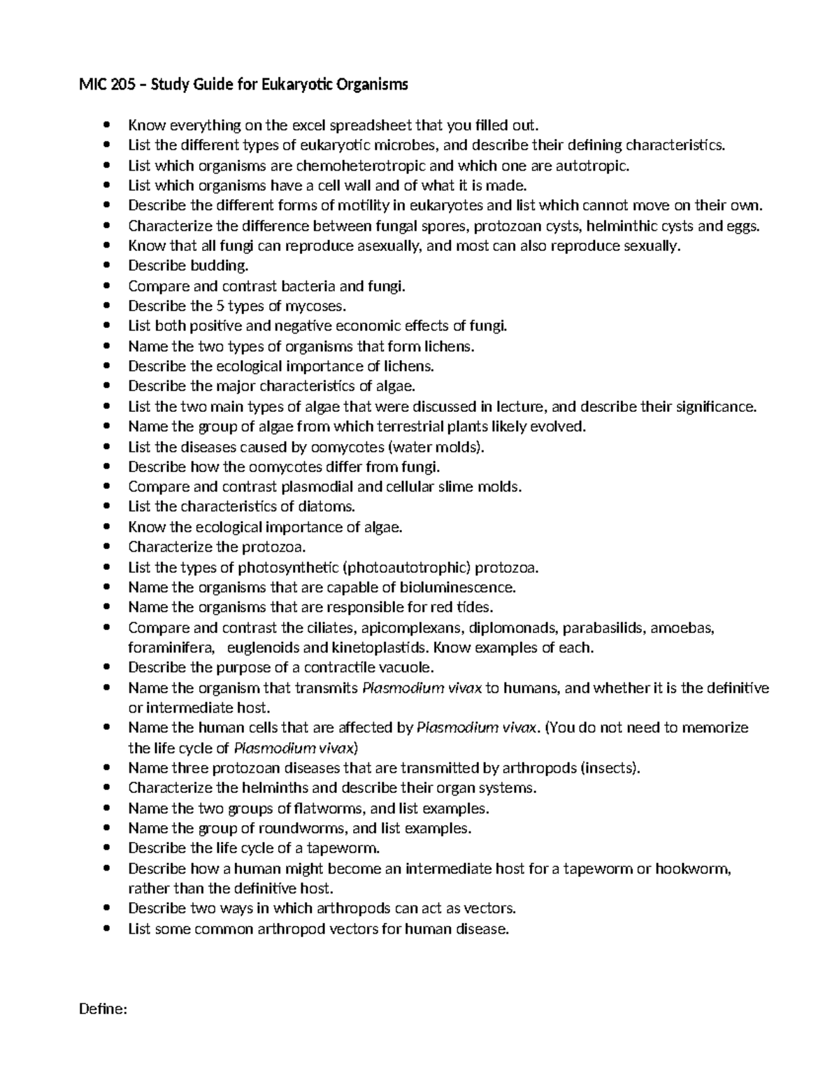 MIC 205 – Comprehensive Study Guide for Eukaryotic Organisms - Studocu